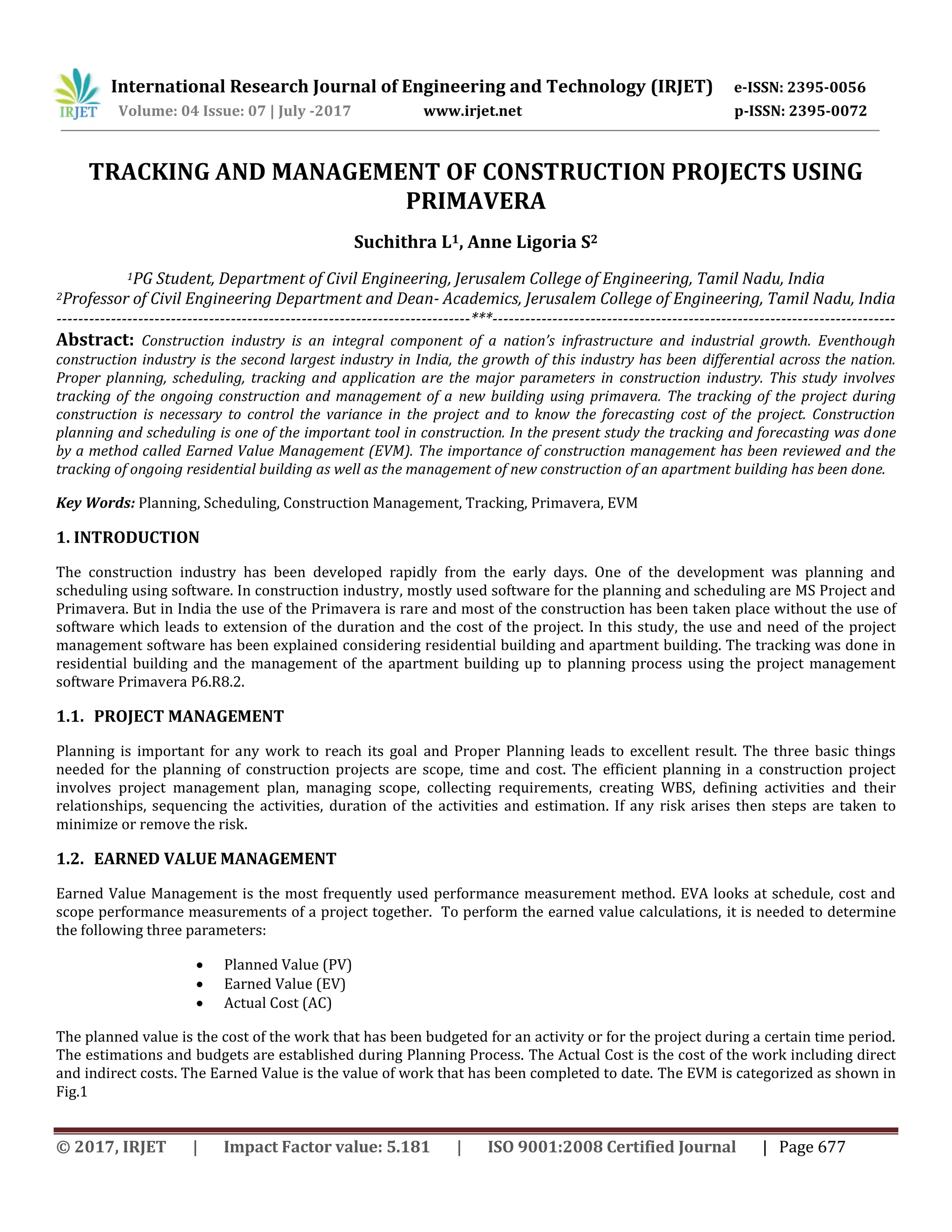 Tracking and Management of Construction Projects using Primavera | PDF