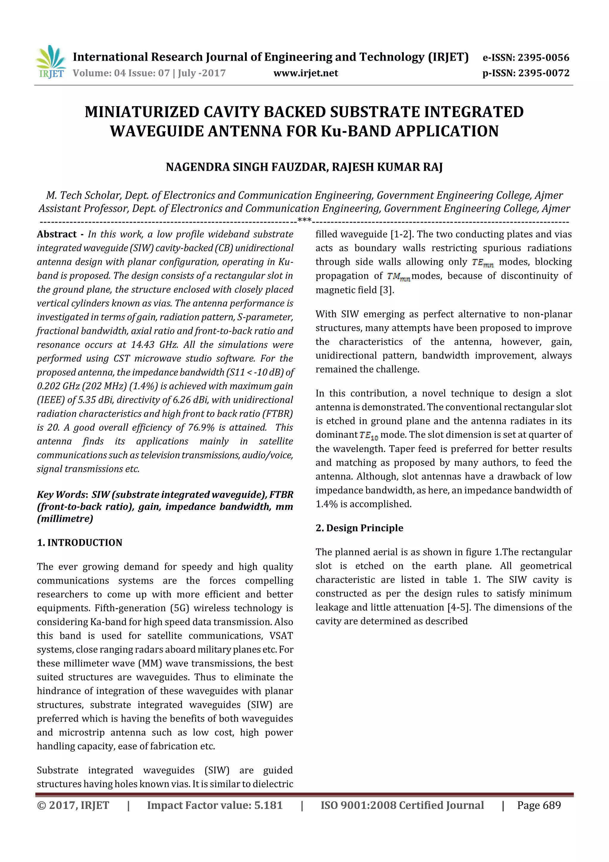 Miniaturized Cavity Backed Substrate Integrated Waveguide Antenna for Ku-Band Application | PDF