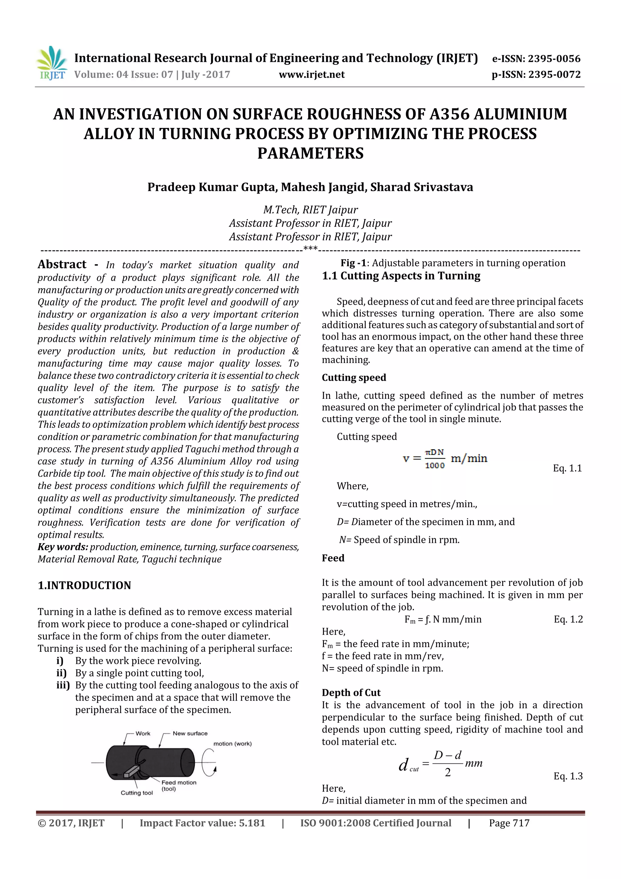 An Investigation on Surface Roughness of A356 Aluminium Alloy in Turning Process by Optimizing ...