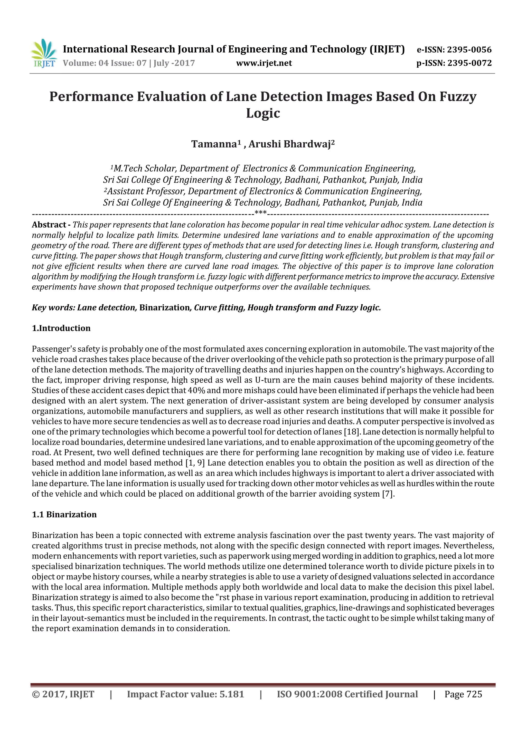 Performance Evaluation of Lane Detection Images Based on Fuzzy Logic | PDF