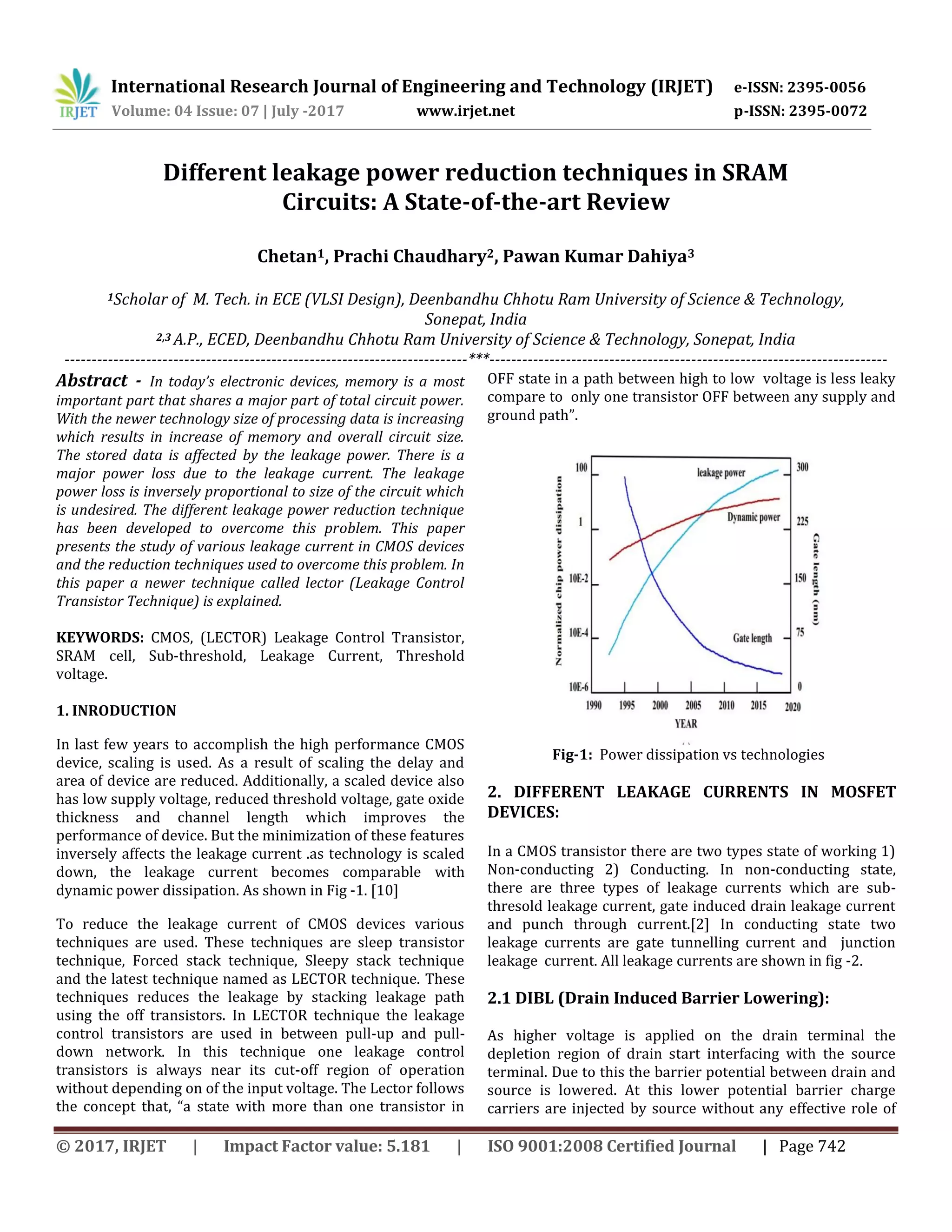 Different Leakage Power Reduction Techniques in SRAM Circuits : A State-of-the-Art Review | PDF