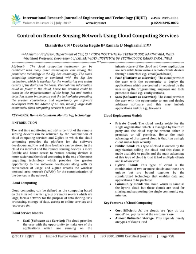 Control on Remote Sensing Network using Cloud Computing Services | PDF | Internet of Things ...