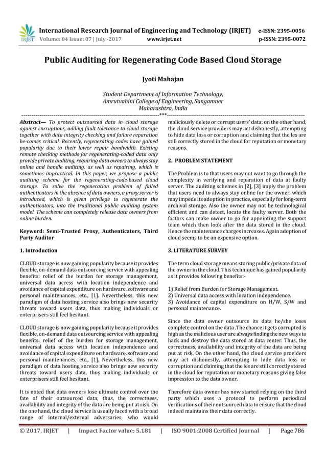 Public Auditing For Regenerating Code Based Cloud Storage Pdf