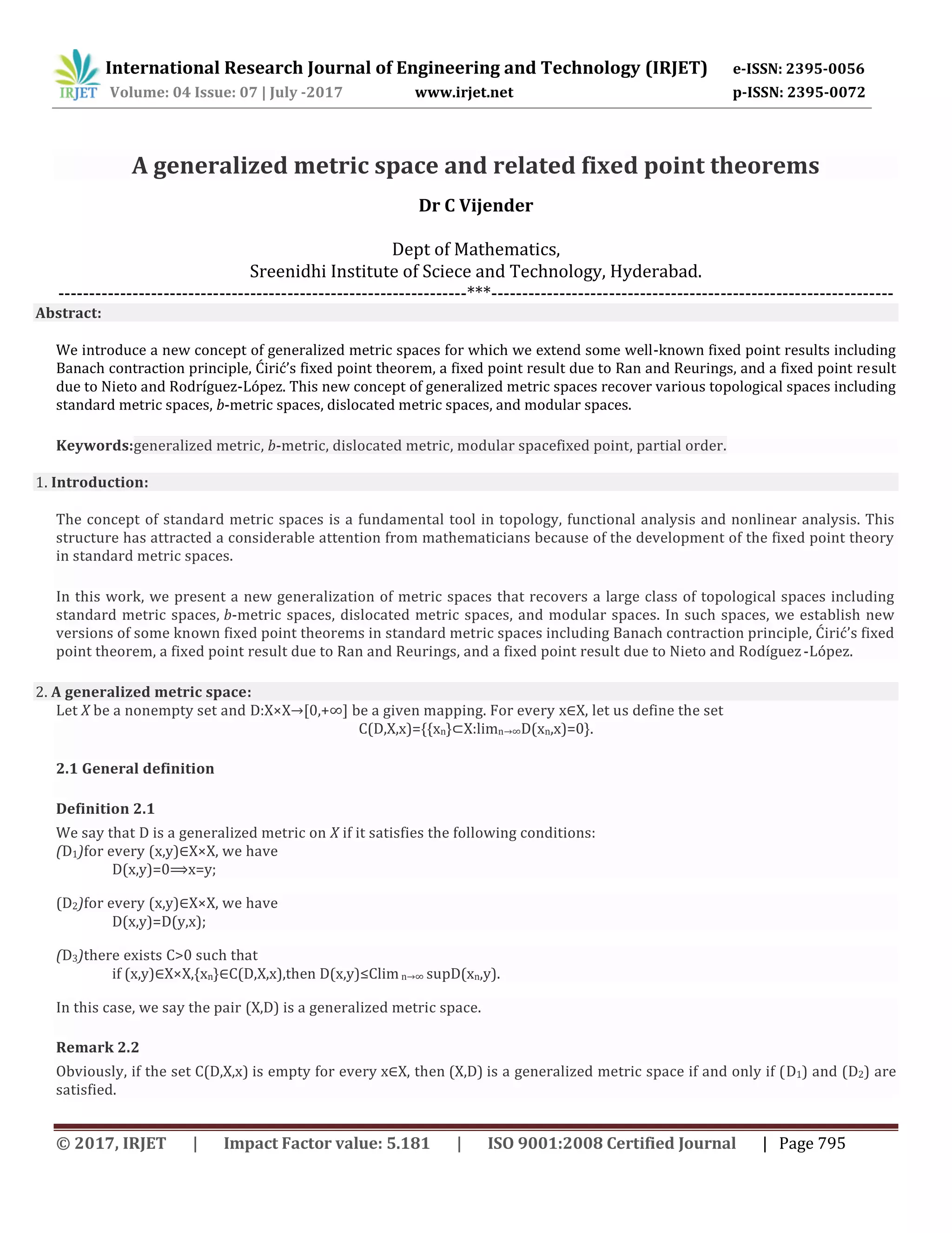A Generalized Metric Space and Related Fixed Point Theorems | PDF