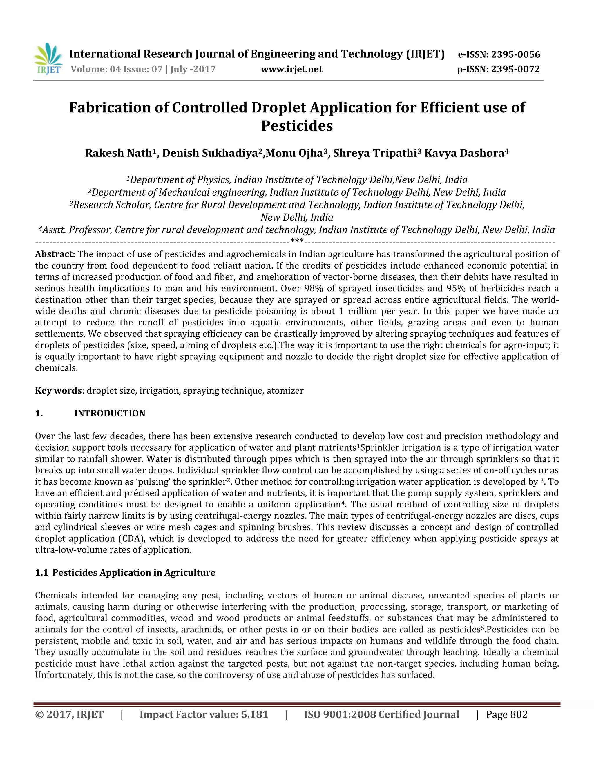Fabrication of Controlled Droplet Application for Efficient use of Pesticides | PDF