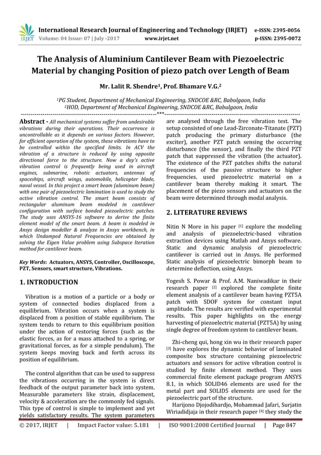 The Analysis of Aluminium Cantilever Beam with Piezoelectric Material by Changing Position of ...