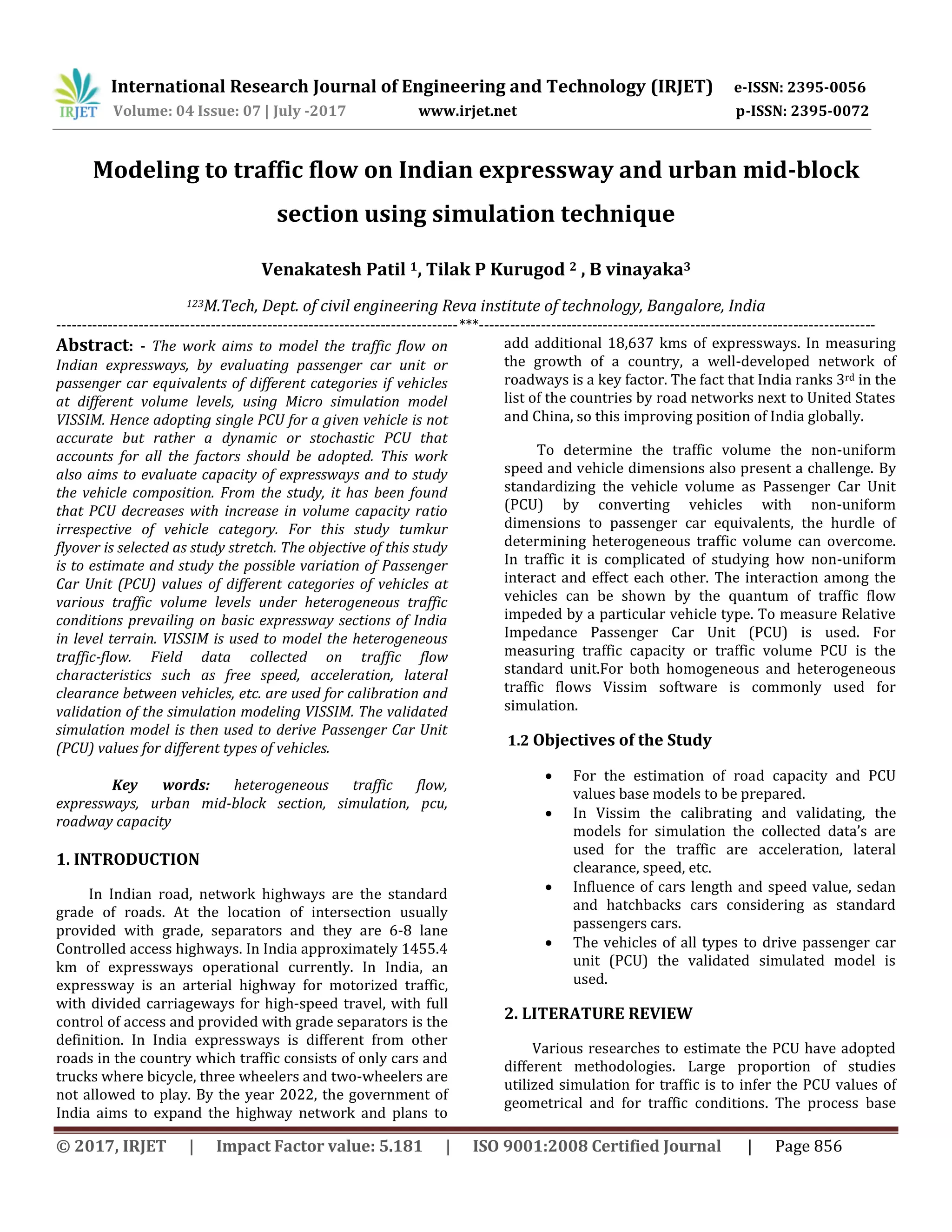 Modeling to Traffic Flow on Indian Expressway and Urban Mid-Block Section using Simulation ...