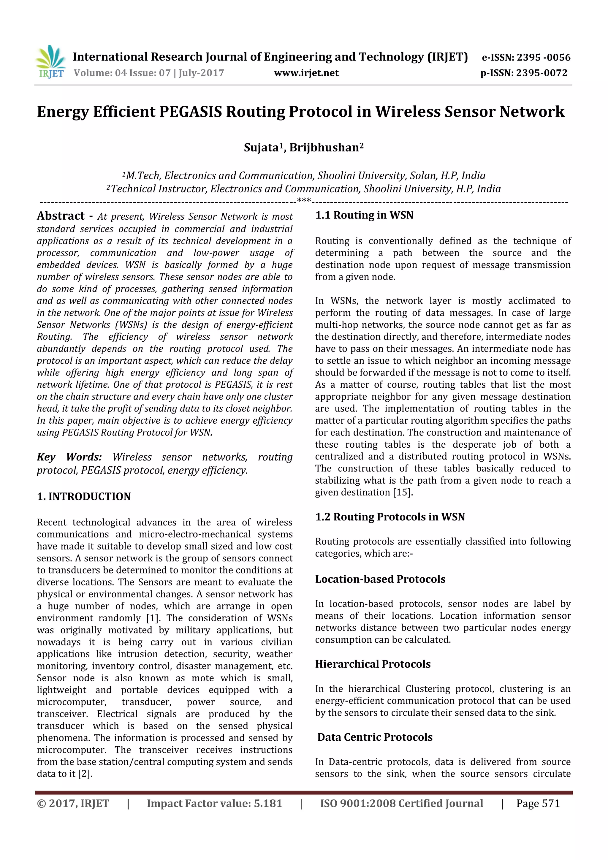 Energy Efficient PEGASIS Routing Protocol in Wireless Sensor Network | PDF | Internet of Things ...