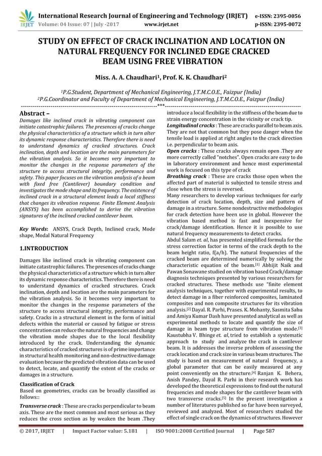 Study on Effect of Crack Inclination and Location on Natural Frequency for Inclined Edge Cracked ...
