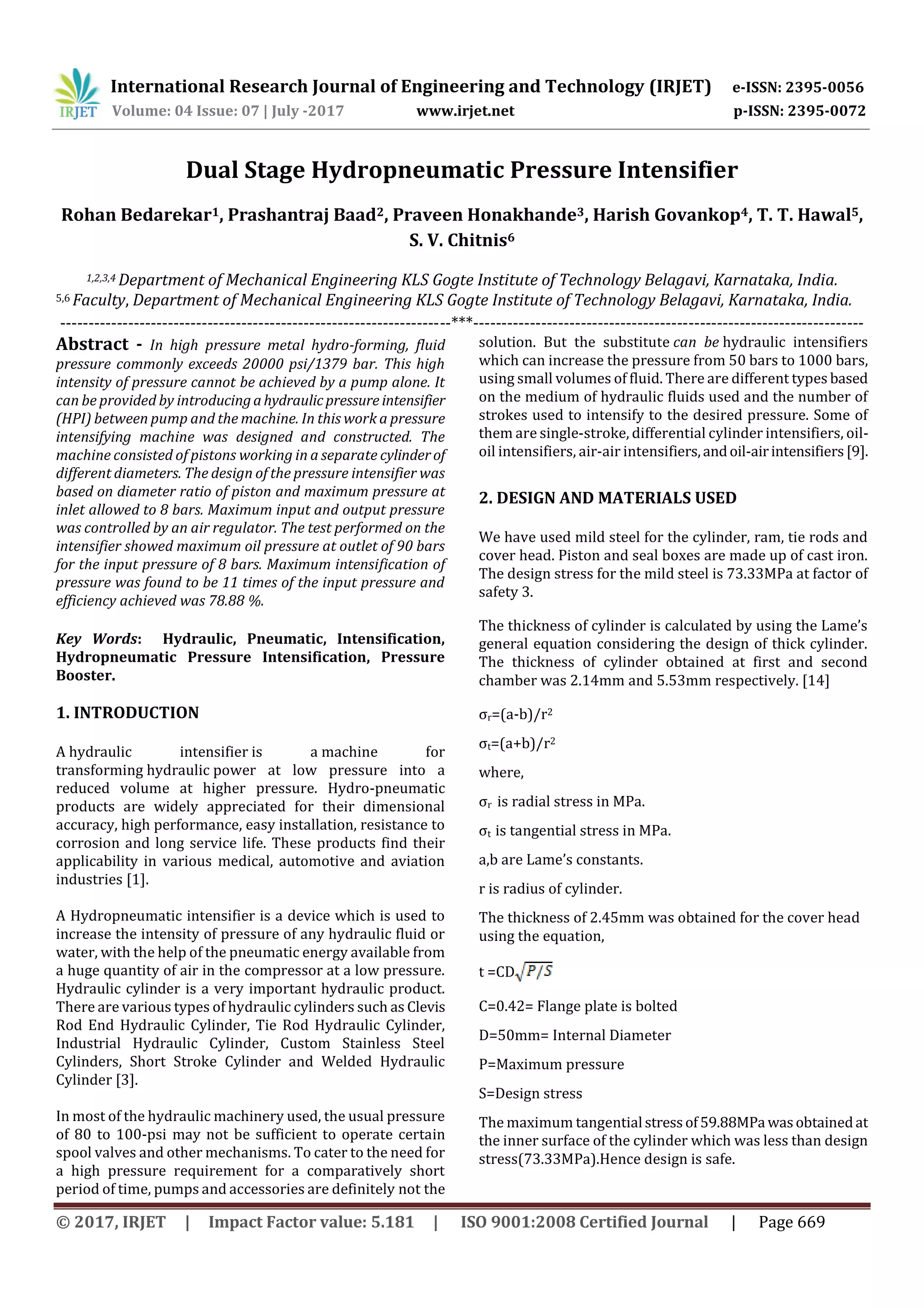 Dual Stage Hydropneumatic Pressure Intensifier | PDF