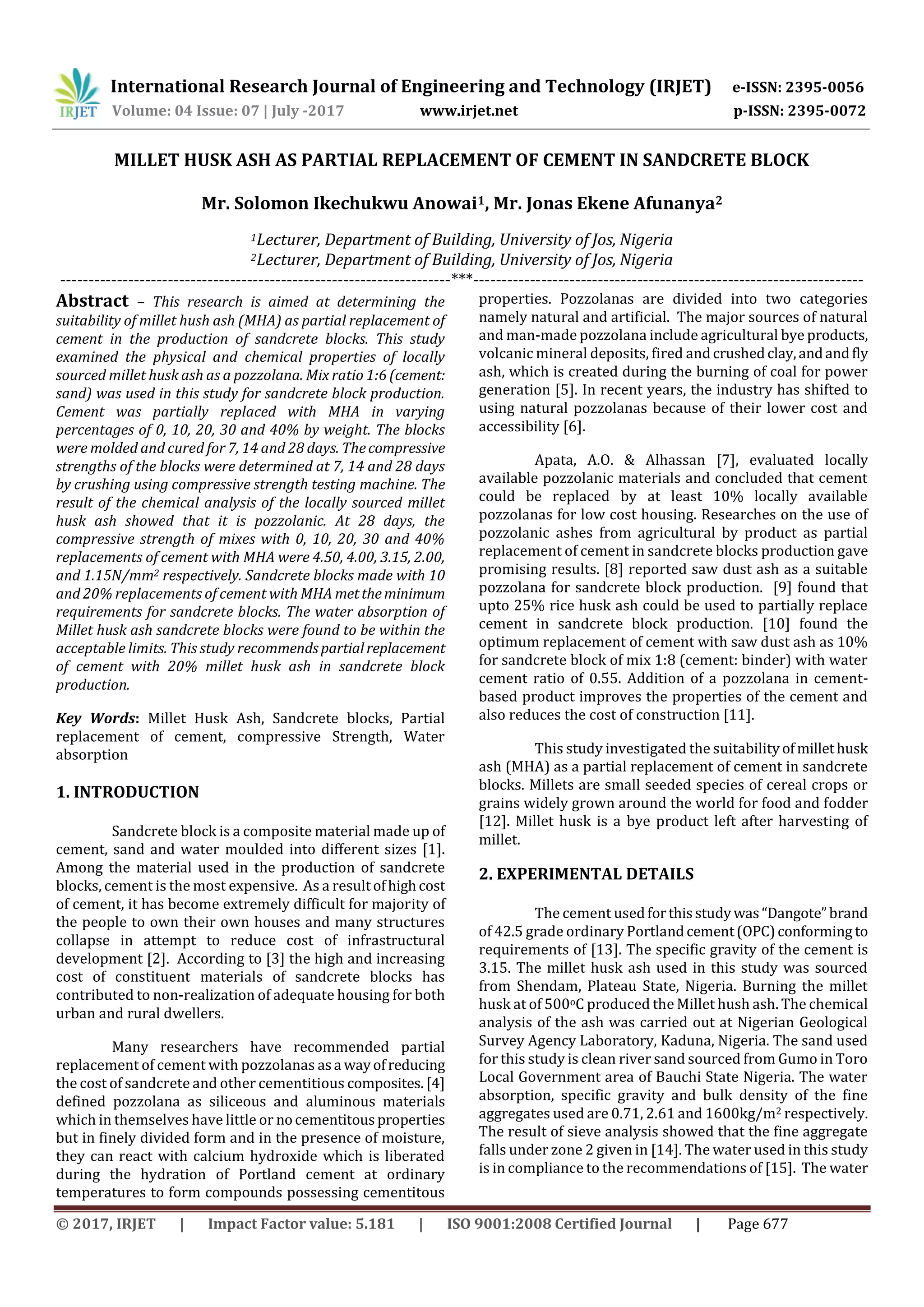 Millet Husk Ash as Partial Replacement of Cement in Sandcrete Block | PDF