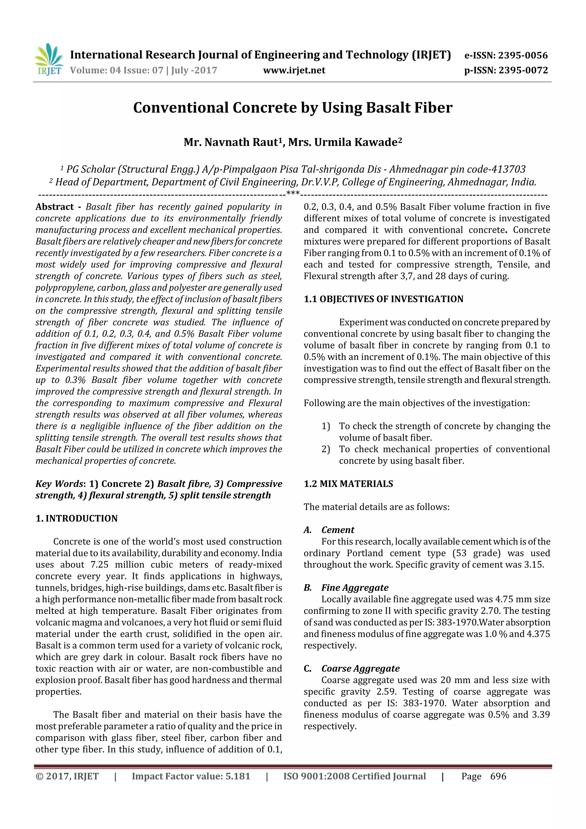 Conventional Concrete by using Basalt Fiber | PDF