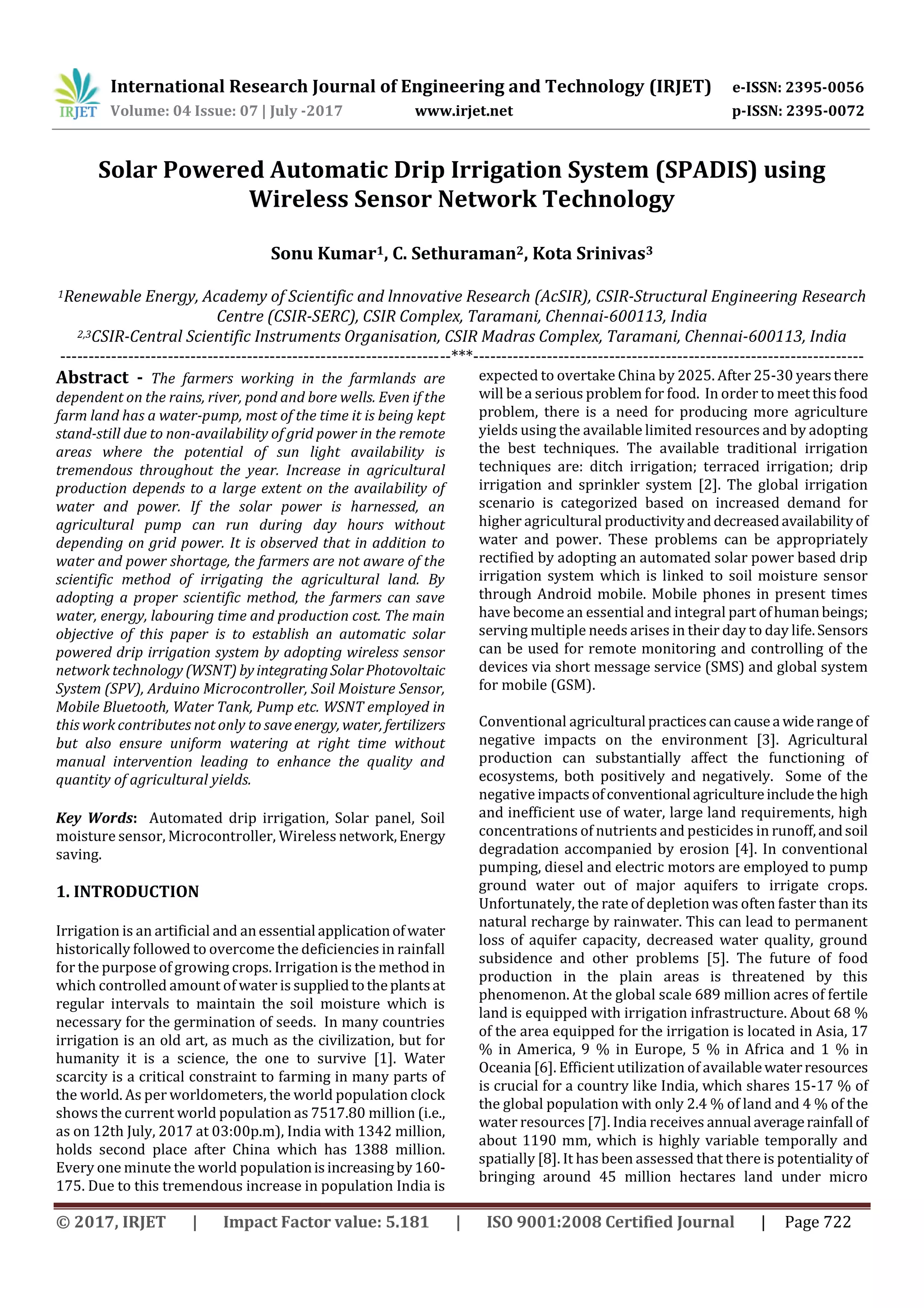 Solar Powered Automatic Drip Irrigation System (SPADIS) using Wireless Sensor Network Technology ...