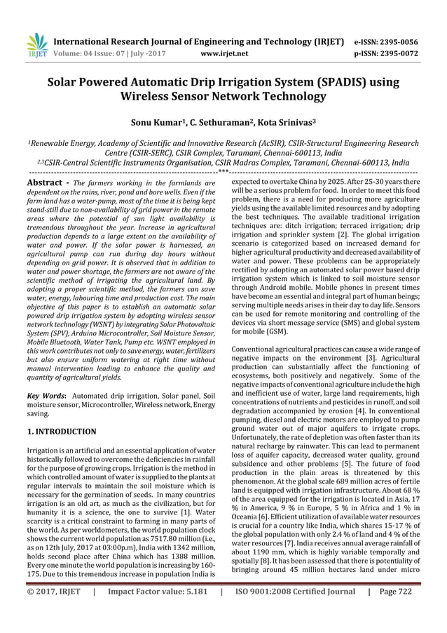Solar Powered Automatic Drip Irrigation System (SPADIS) using Wireless Sensor Network Technology ...