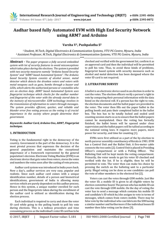 Aadhar based fully Automated EVM with High End Security Network using ARM7 and Arduino | PDF