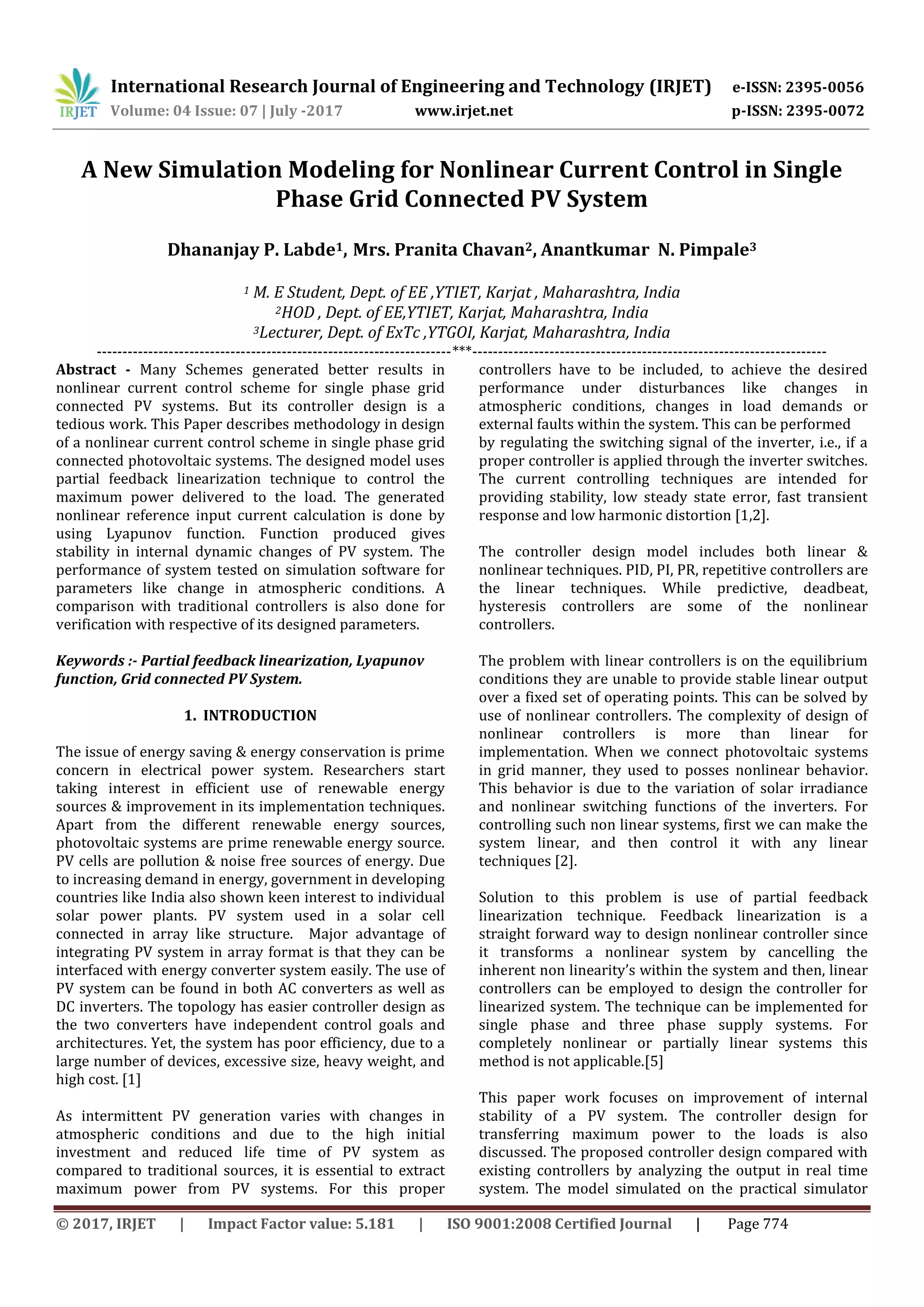A New Simulation Modeling for Nonlinear Current Control in Single Phase Grid Connected PV System ...