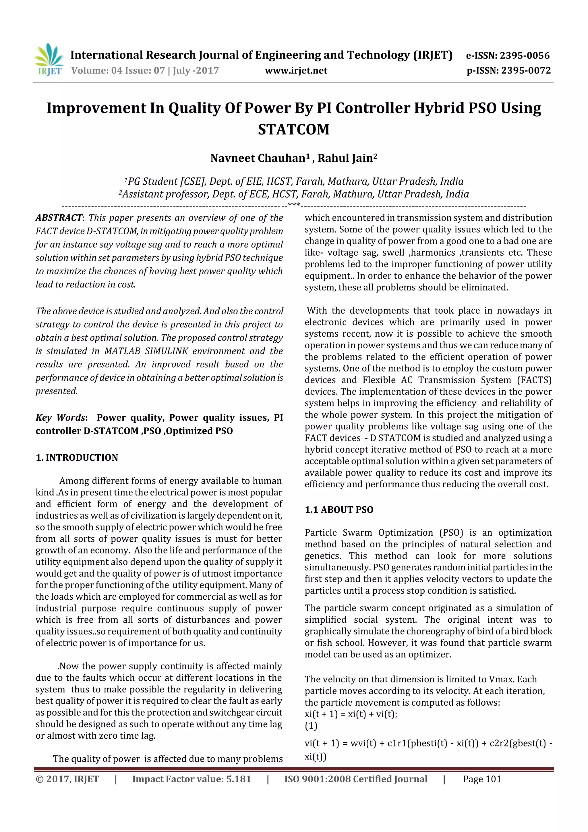 Improvement in Quality of Power by PI Controller Hybrid PSO using STATCOM | PDF | Computer ...