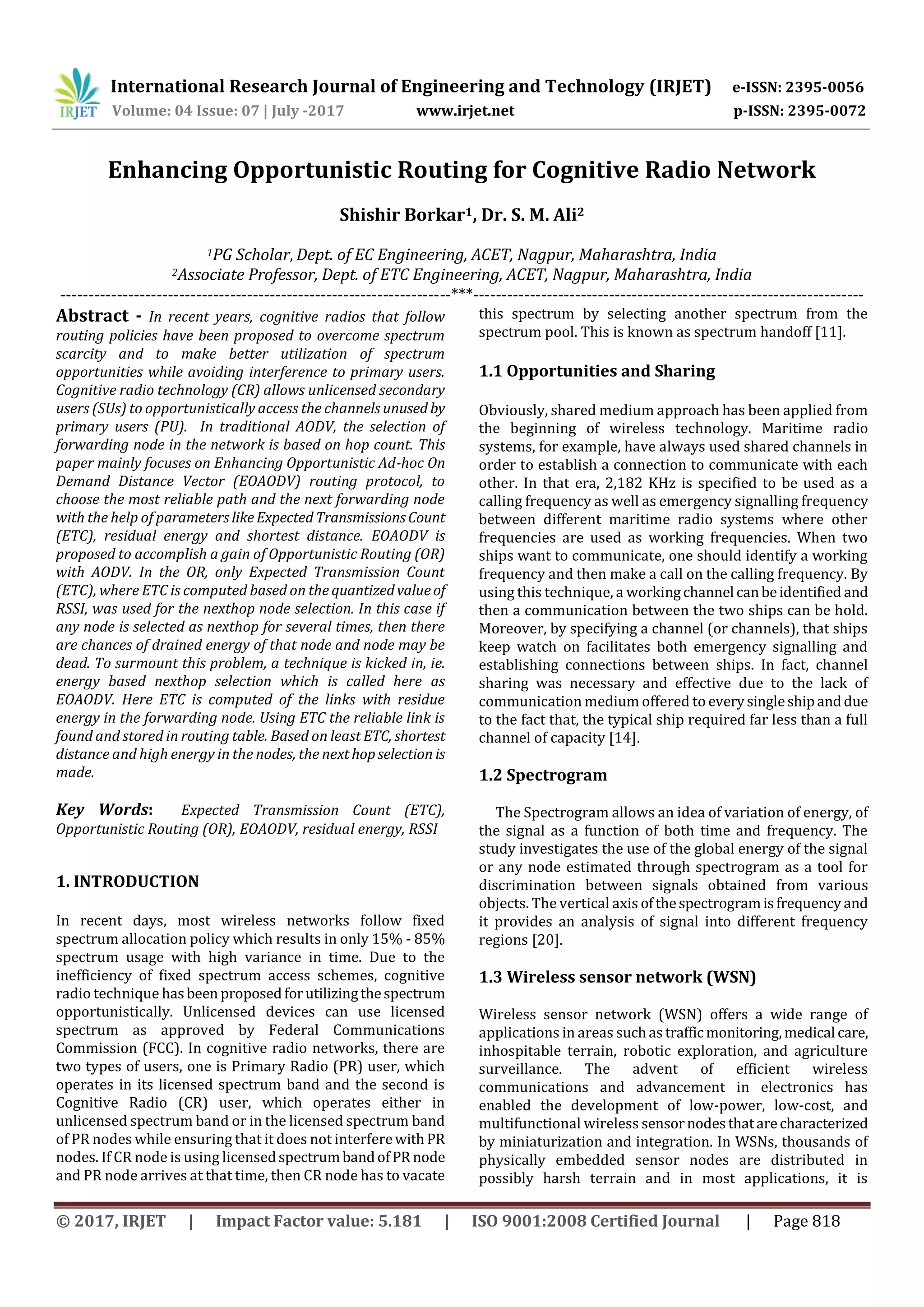 Enhancing Opportunistic Routing for Cognitive Radio Network | PDF