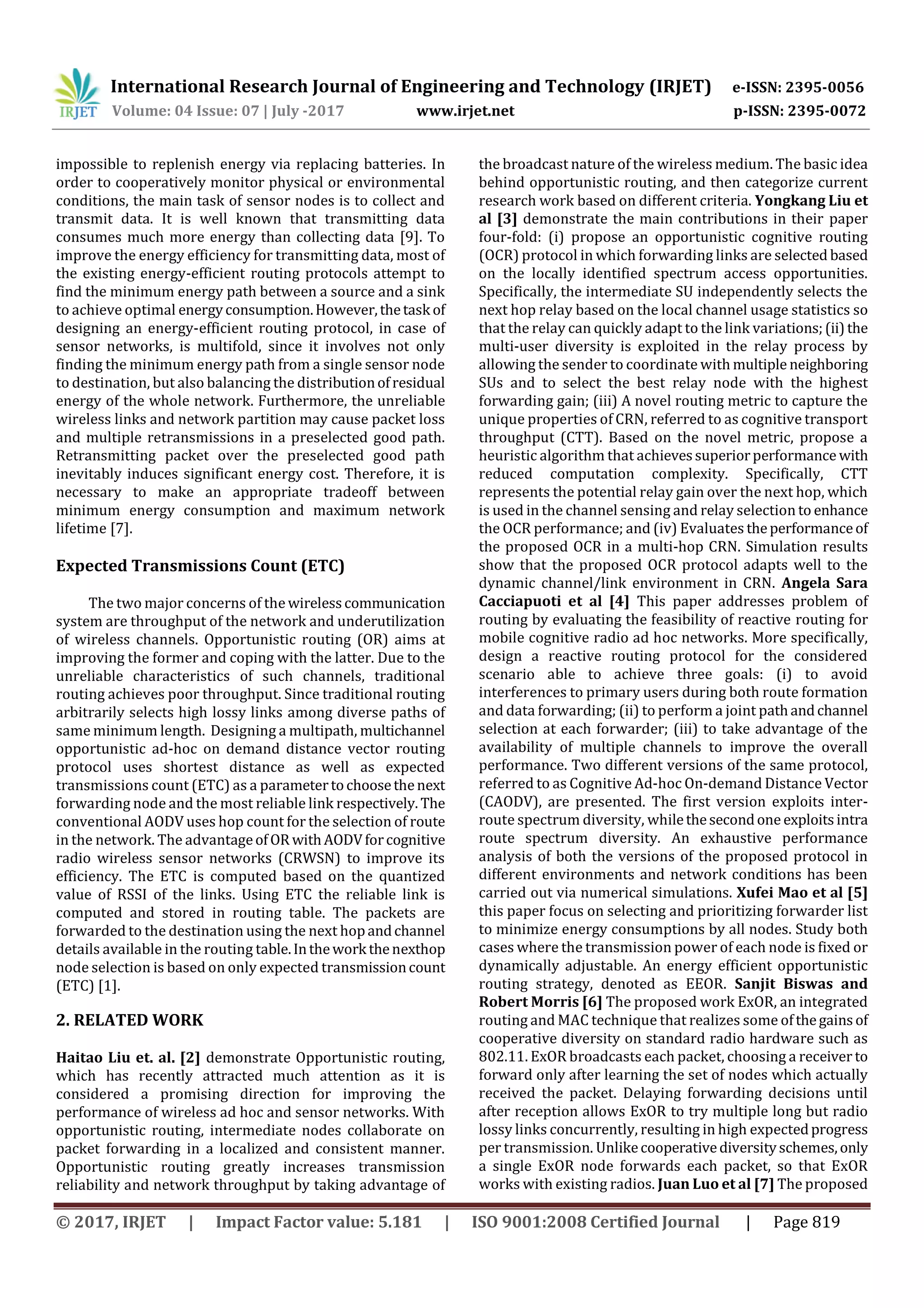 Enhancing Opportunistic Routing for Cognitive Radio Network | PDF
