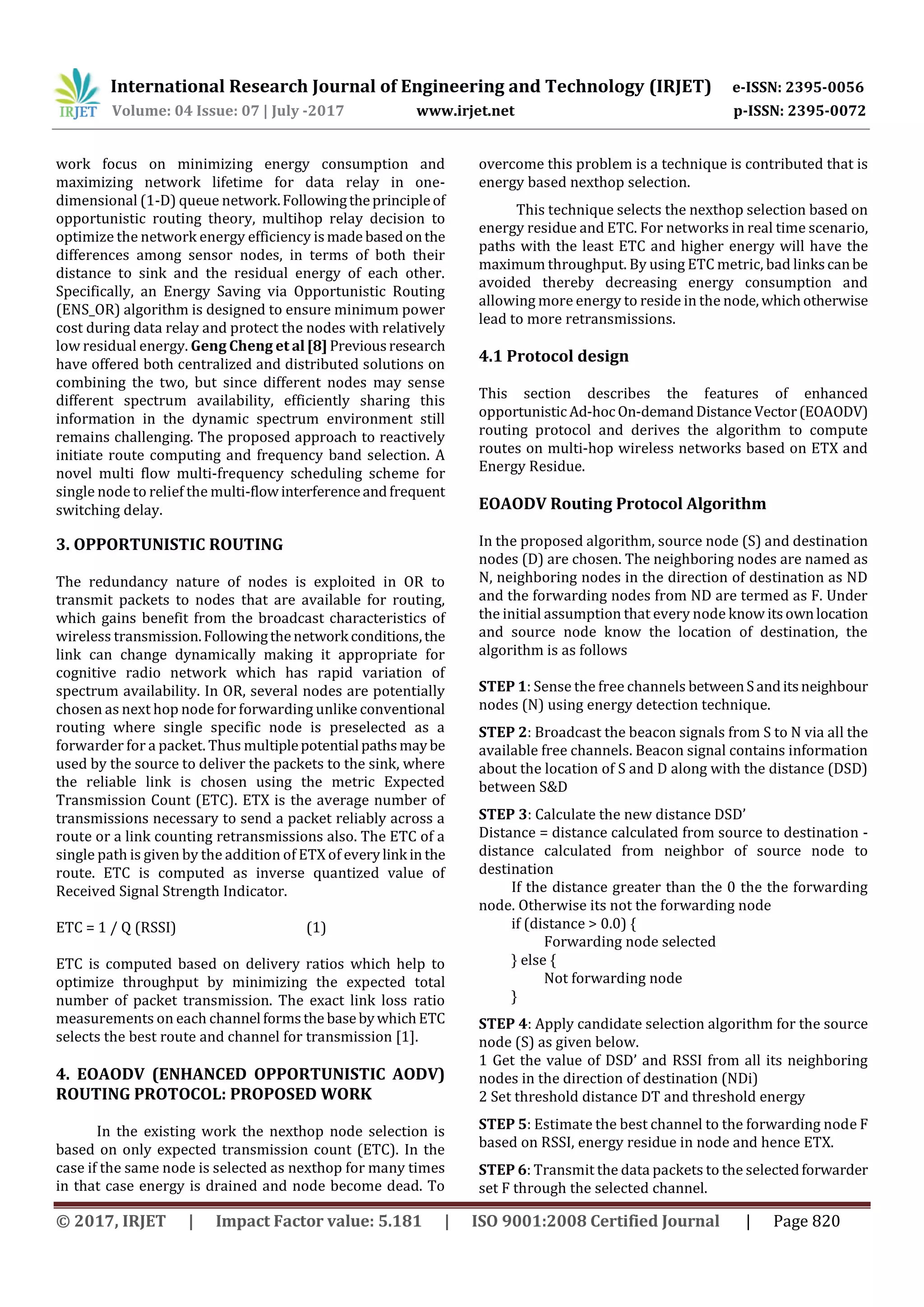 Enhancing Opportunistic Routing for Cognitive Radio Network | PDF