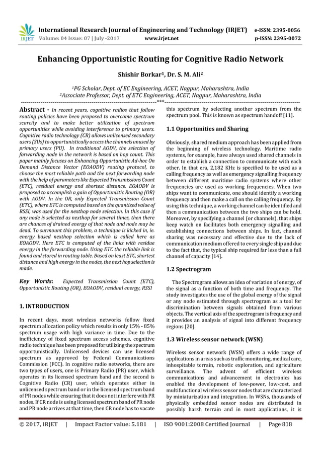 Enhancing Opportunistic Routing for Cognitive Radio Network | PDF