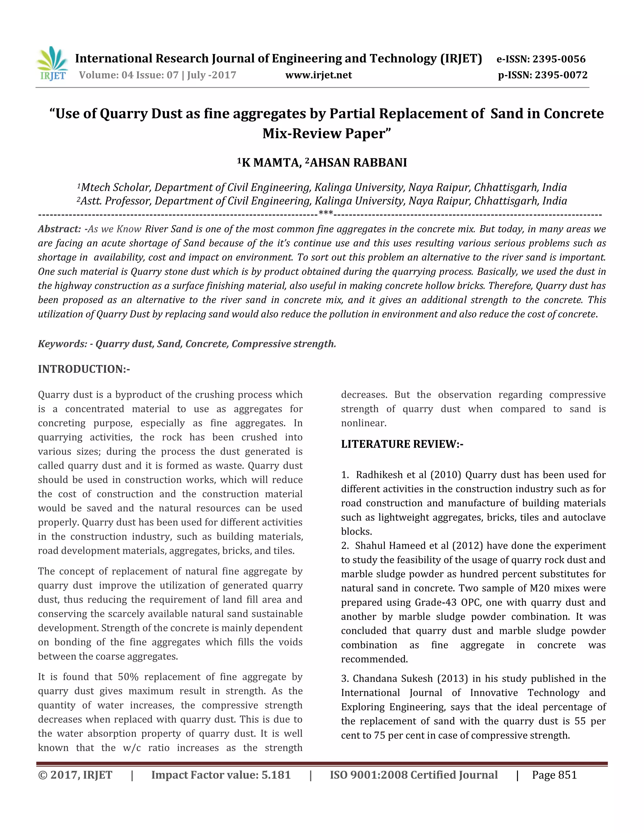 Use of Quarry Dust as Fine Aggregates by Partial Replacement of Sand in ...
