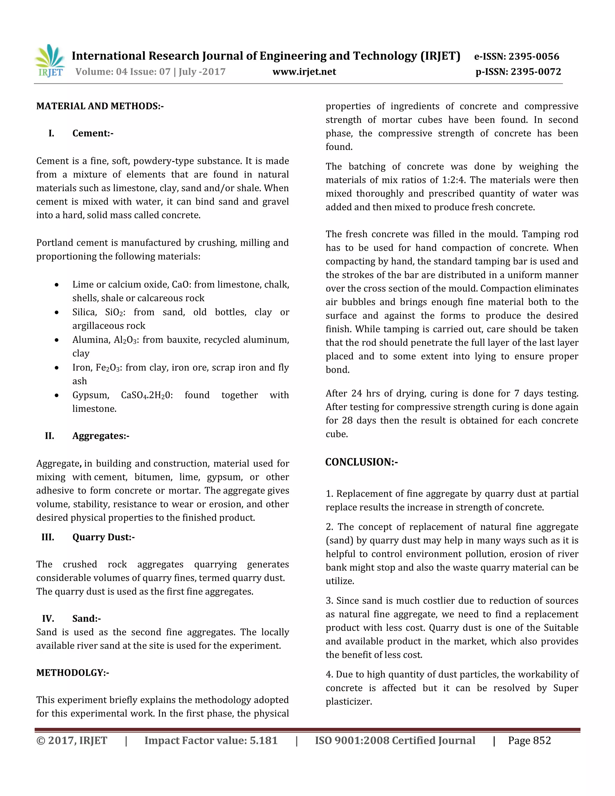 Use of Quarry Dust as Fine Aggregates by Partial Replacement of Sand in ...