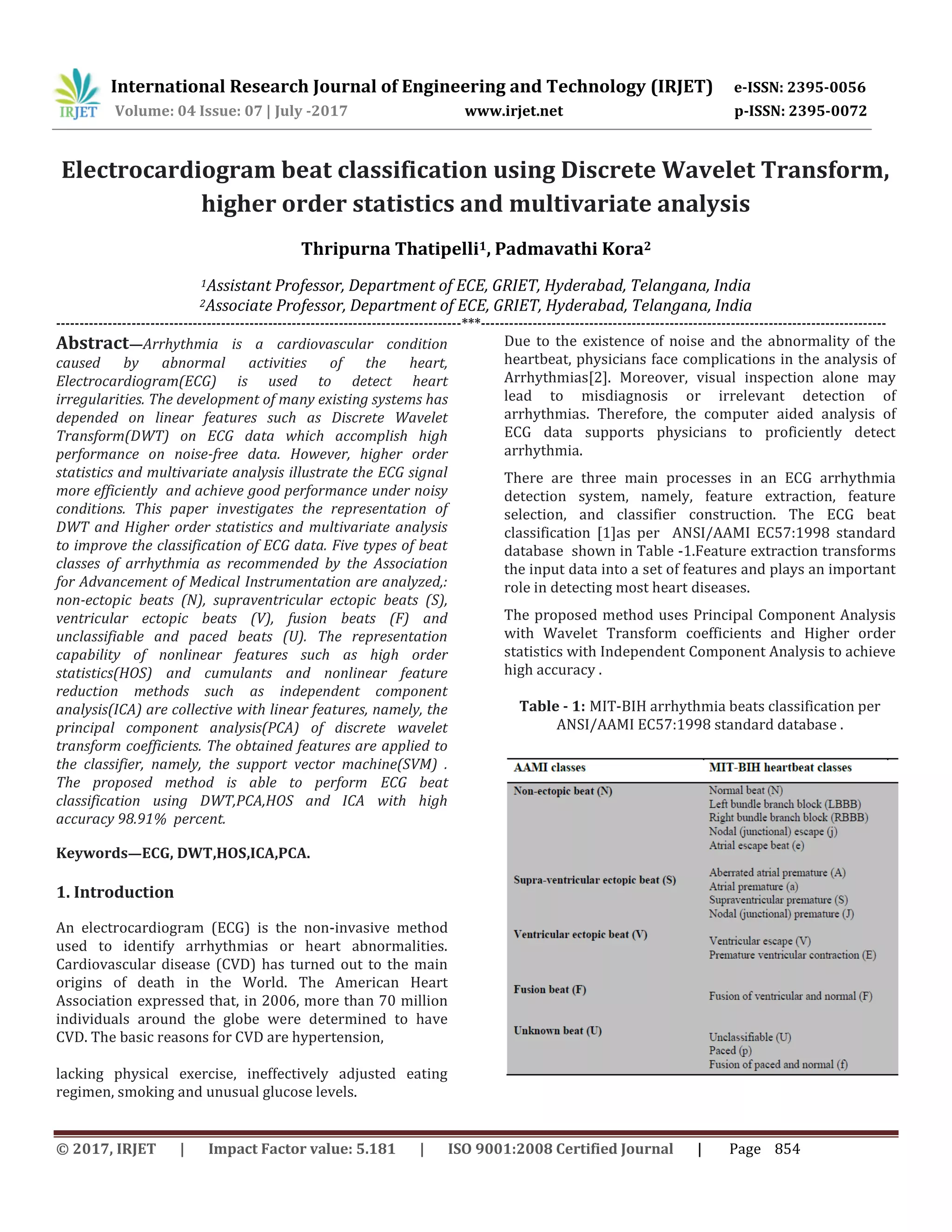 Electrocardiogram Beat Classification Using Discrete Wavelet Transform