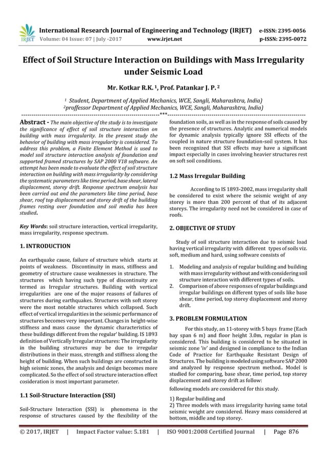 Effect of Soil Structure Interaction on Buildings with Mass Irregularity under Seismic Load | PDF