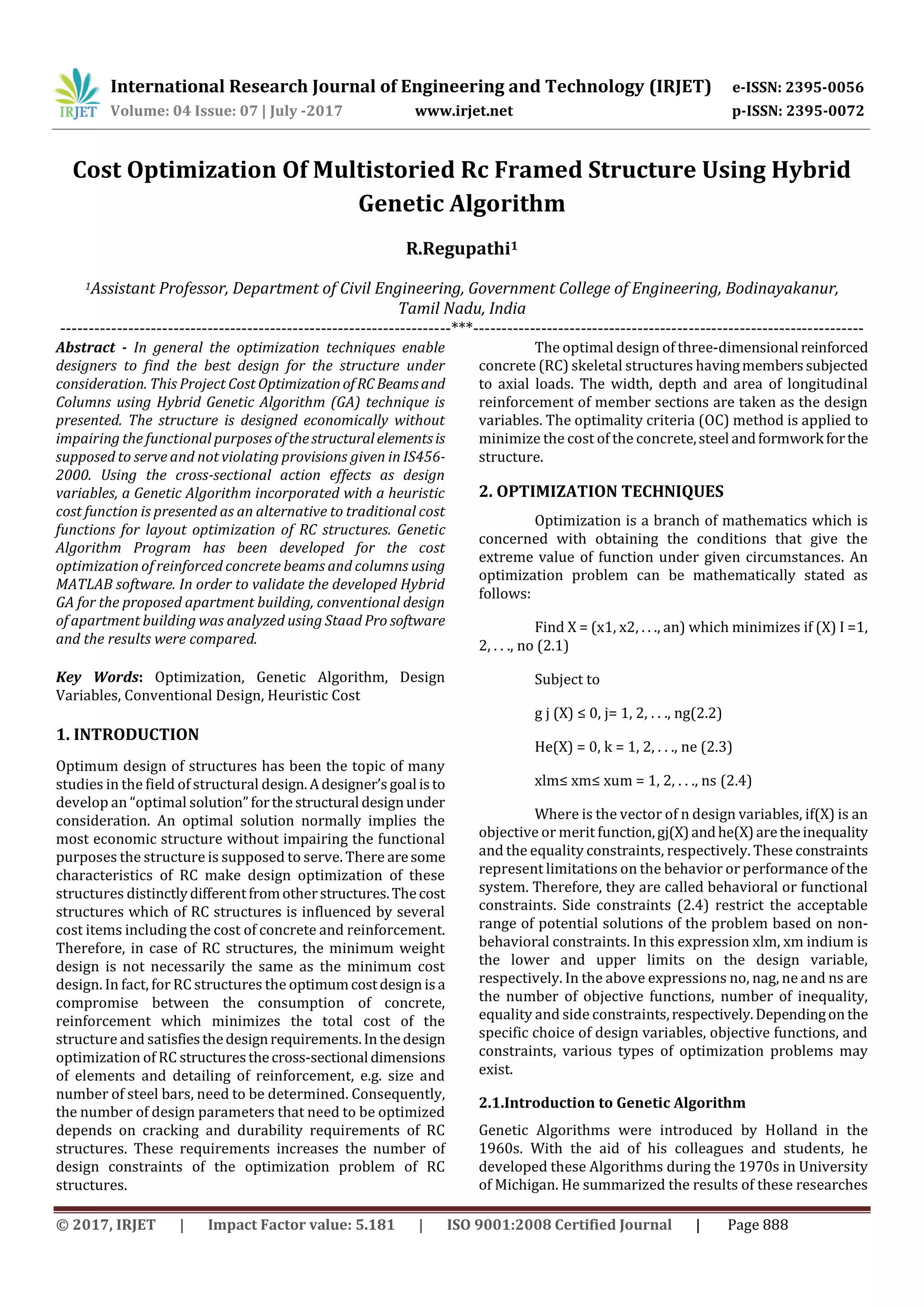 Cost Optimization of Multistoried RC Framed Structure Using Hybrid Genetic Algorithm | PDF