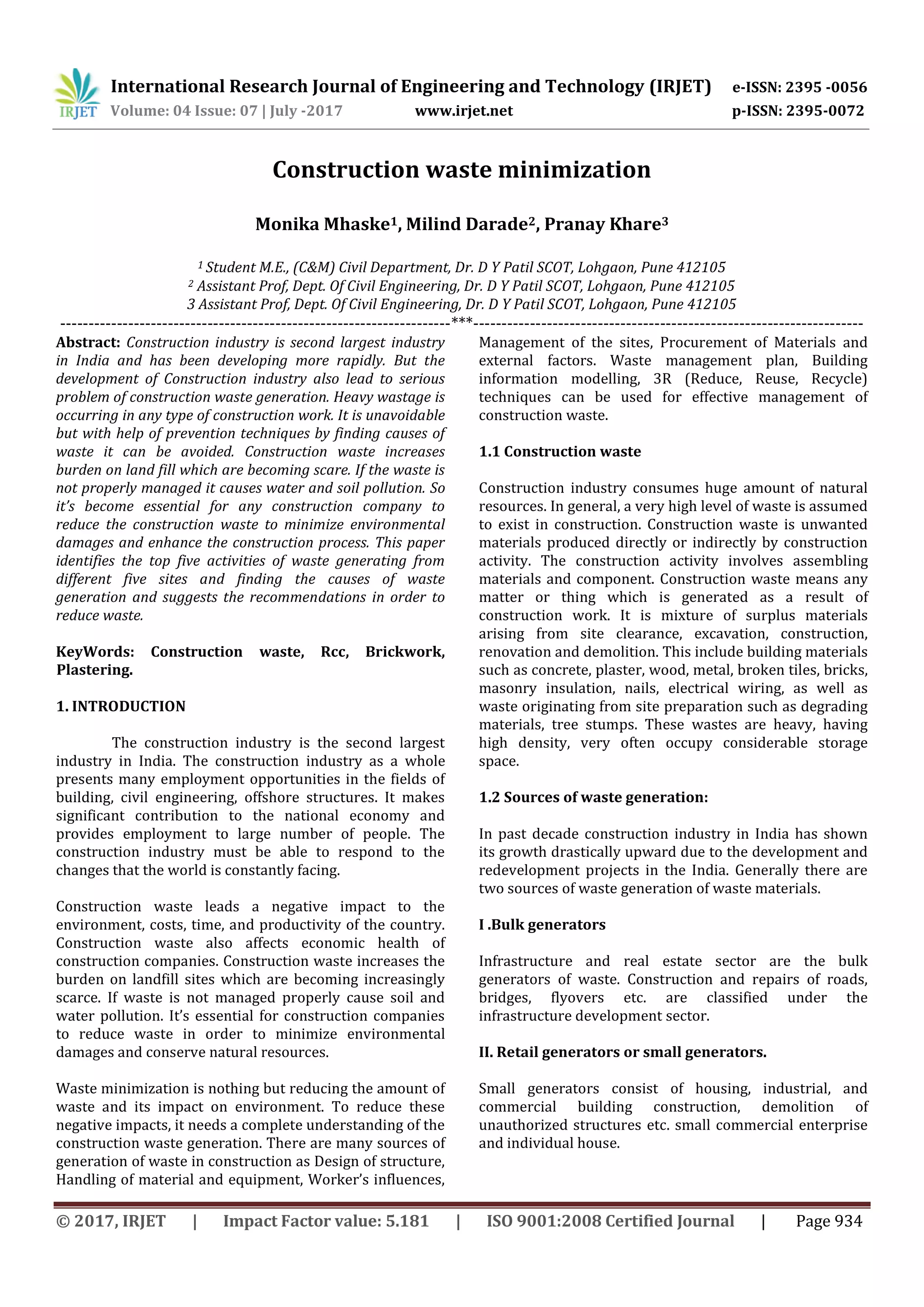 Construction Waste Minimization | PDF