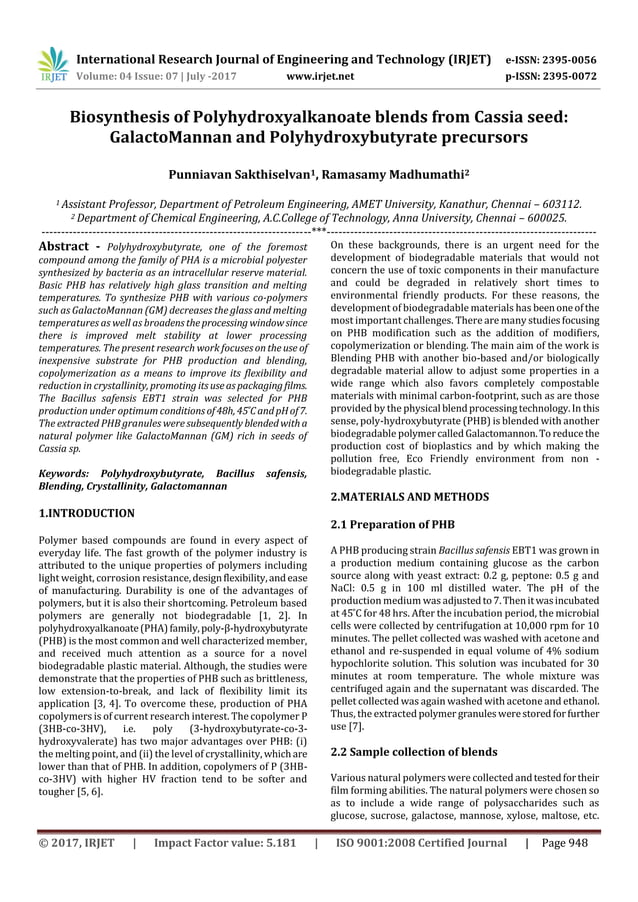 Biosynthesis of Polyhydroxyalkanoate blends from Cassia Seed: GalactoMannan and ...