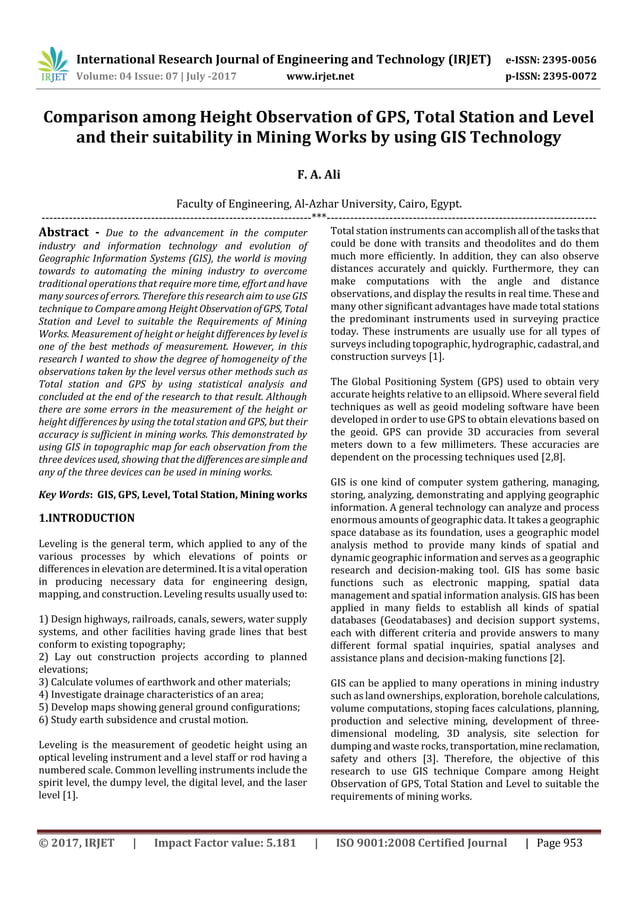 Comparison among Height Observation of GPS, Total Station and Level and their suitability in ...