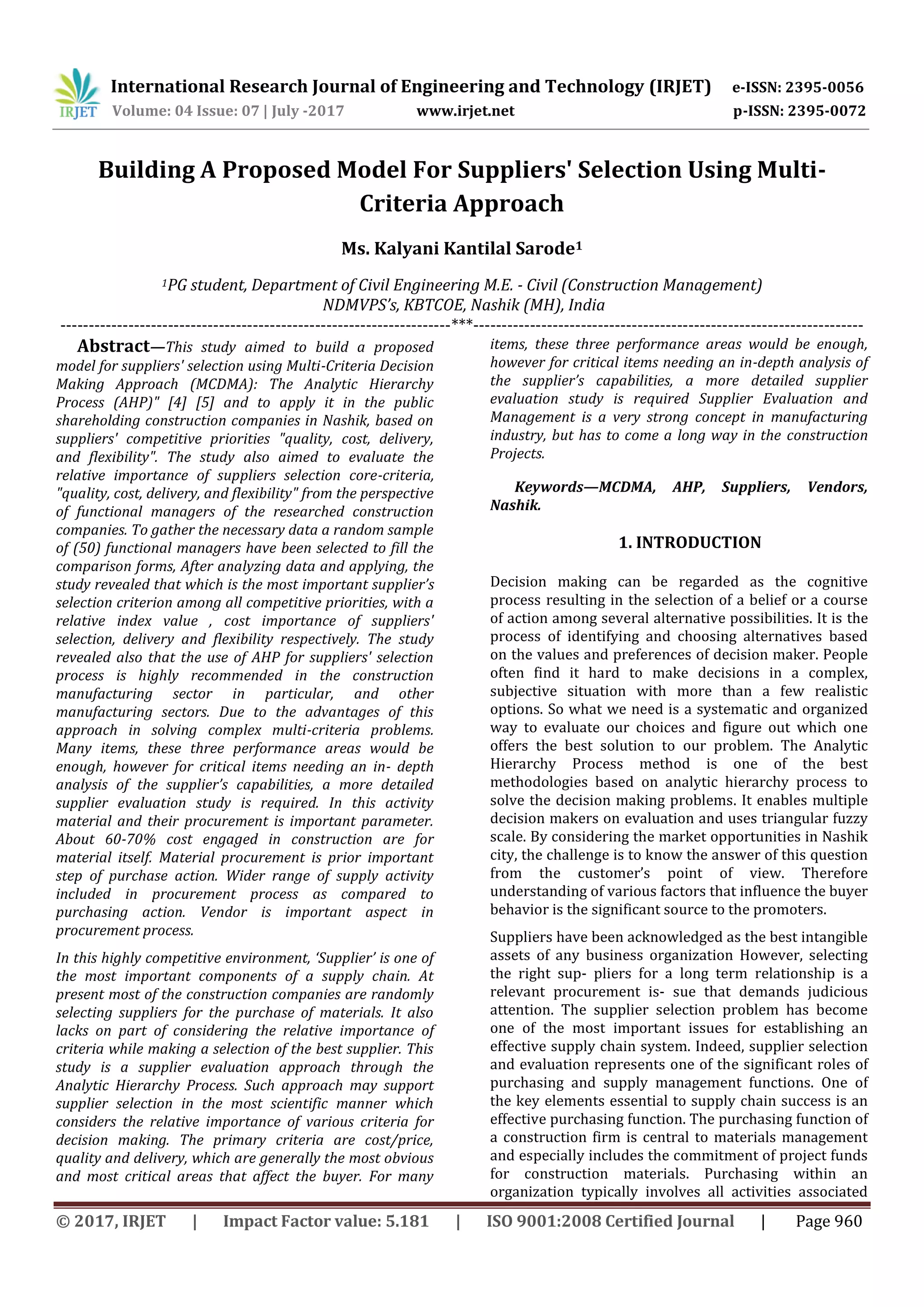 Building a Proposed Model for Suppliers' Selection using Multi-Criteria Approach | PDF