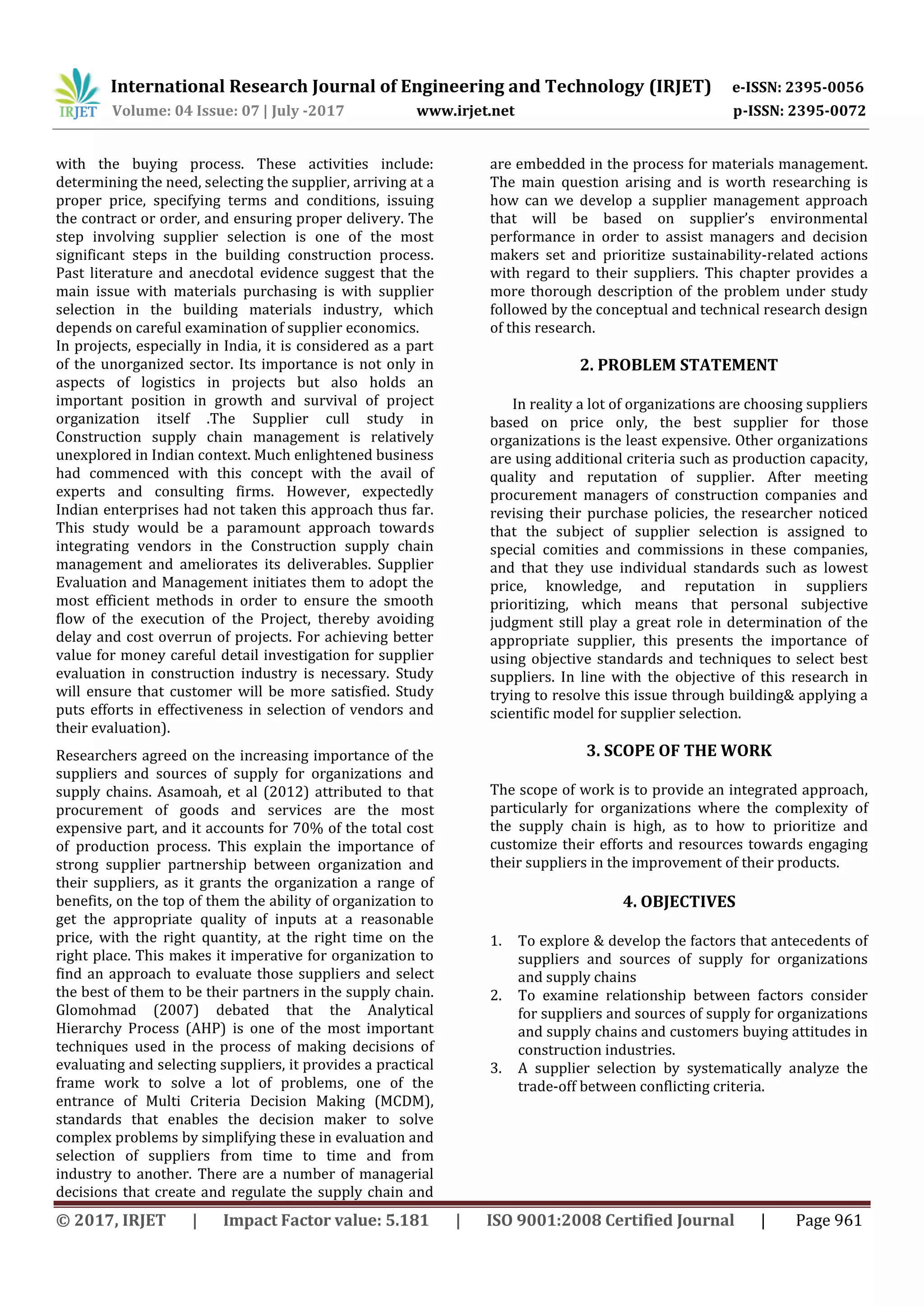 Building a Proposed Model for Suppliers' Selection using Multi-Criteria Approach | PDF