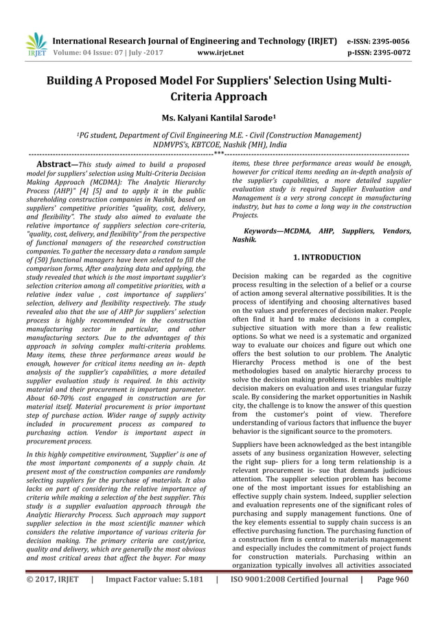 Building a Proposed Model for Suppliers' Selection using Multi-Criteria Approach | PDF