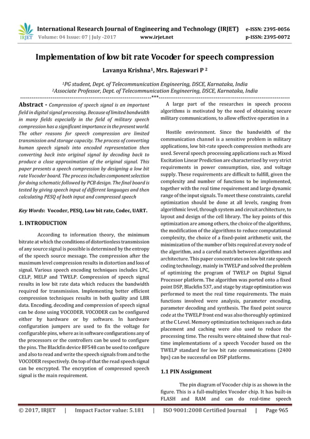 Implementation Of Low Bit Rate Vocoder For Speech Compression Pdf