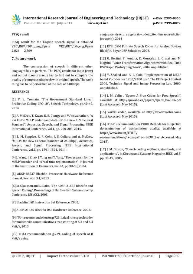 Implementation of Low Bit Rate Vocoder for Speech Compression | PDF | Digital Audio | Computer ...