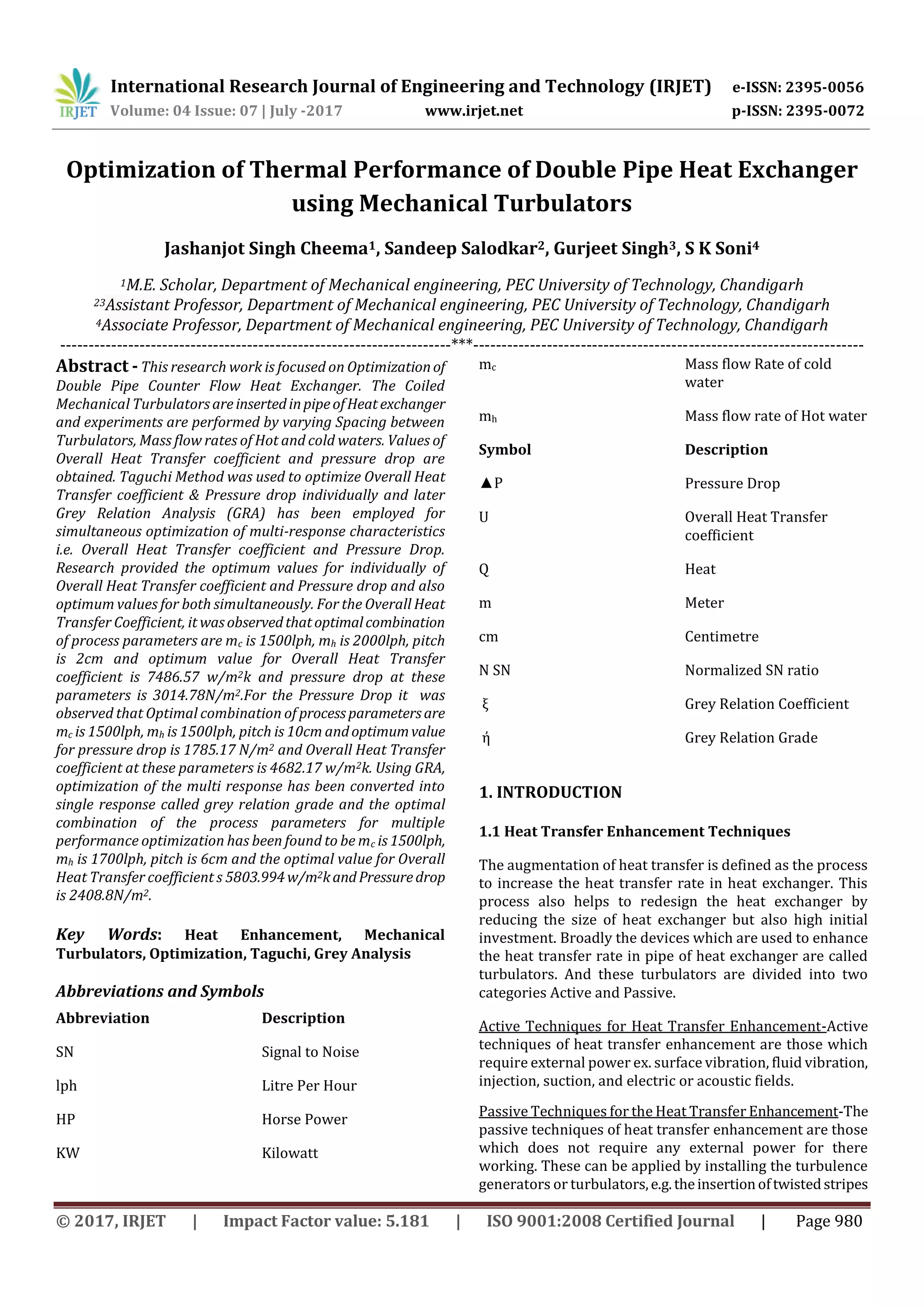 Optimization of Thermal Performance of Double Pipe Heat Exchanger using ...