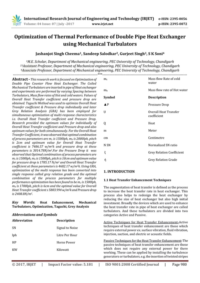 Optimization of Thermal Performance of Double Pipe Heat Exchanger using Mechanical Turbulators | PDF