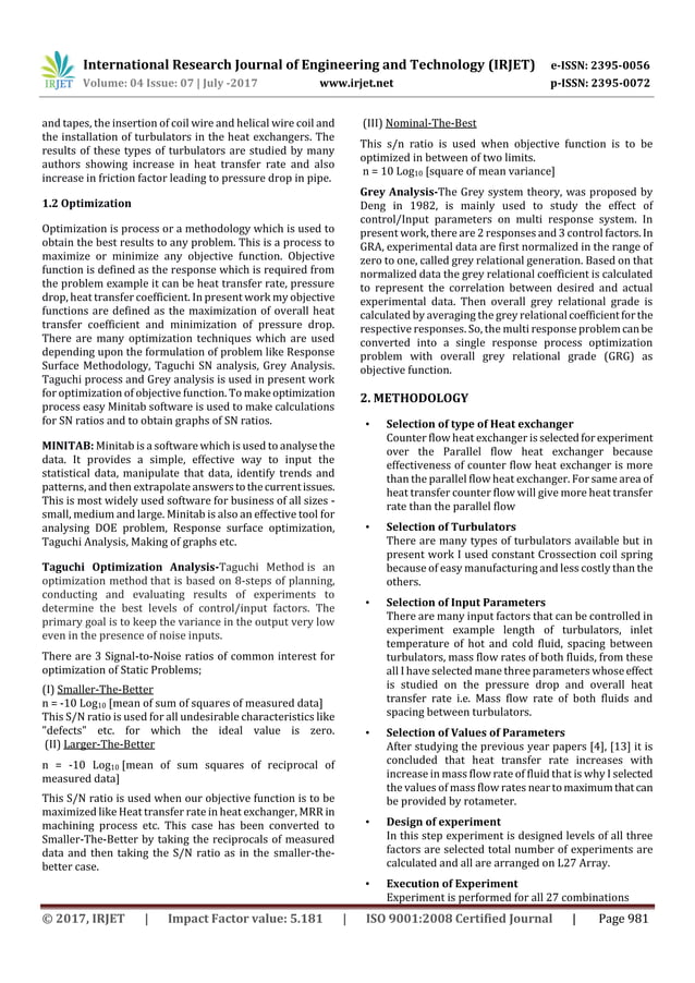Optimization of Thermal Performance of Double Pipe Heat Exchanger using Mechanical Turbulators | PDF