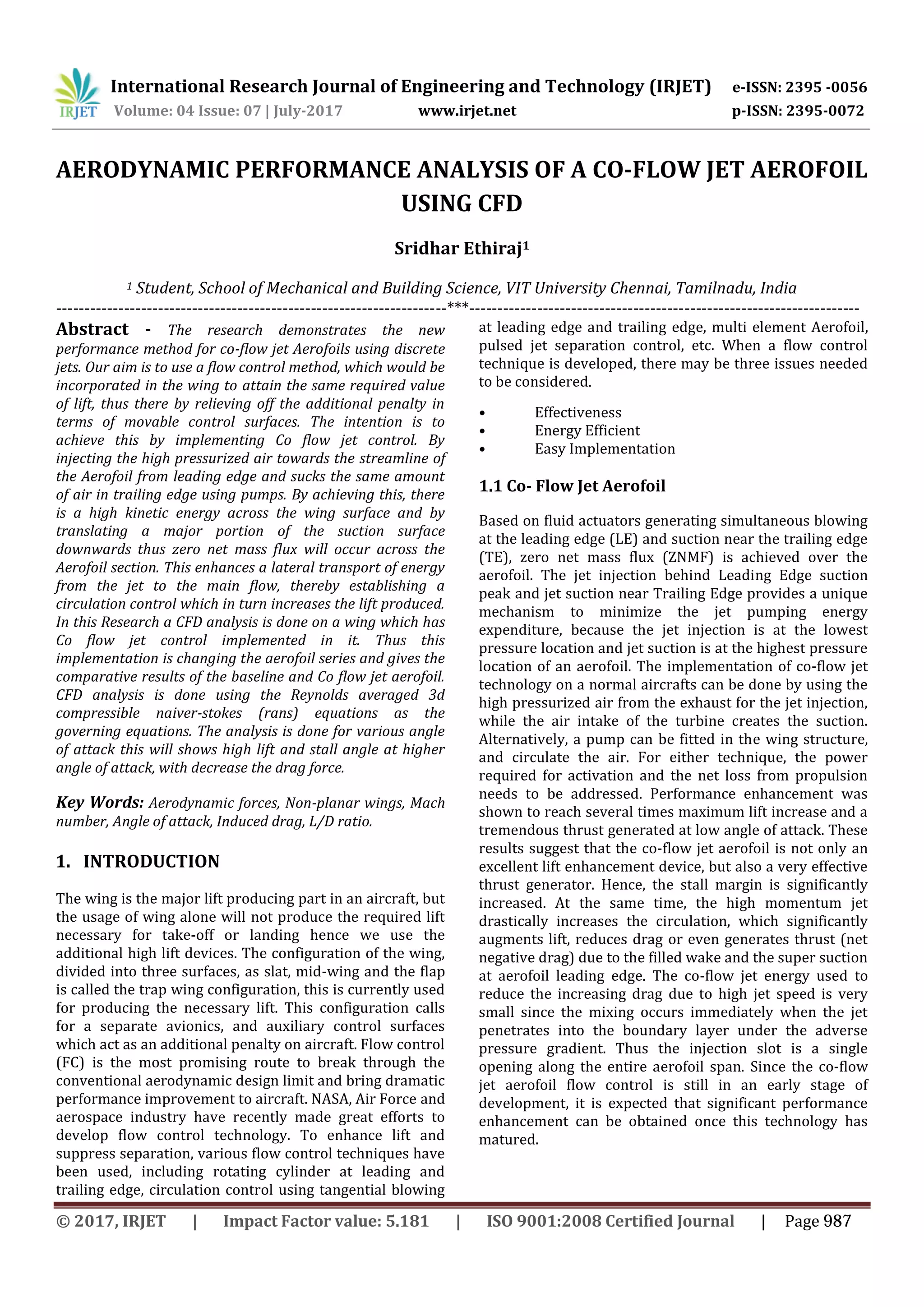 Aerodynamic Performance Analysis of a Co-Flow Jet Aerofoil using CFD | PDF