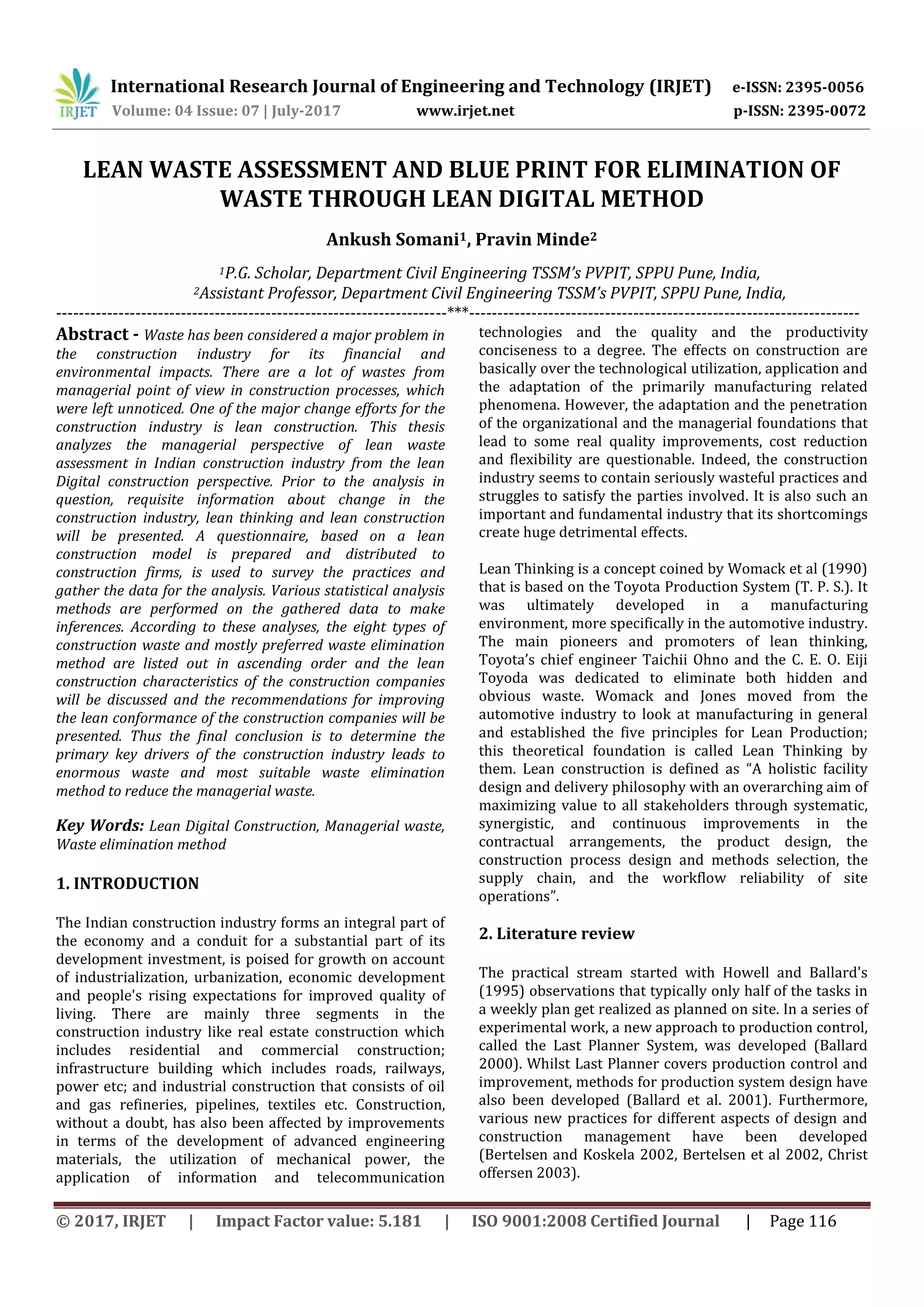 Lean Waste Assessment and Blue Print for Elimination of Waste Through ...