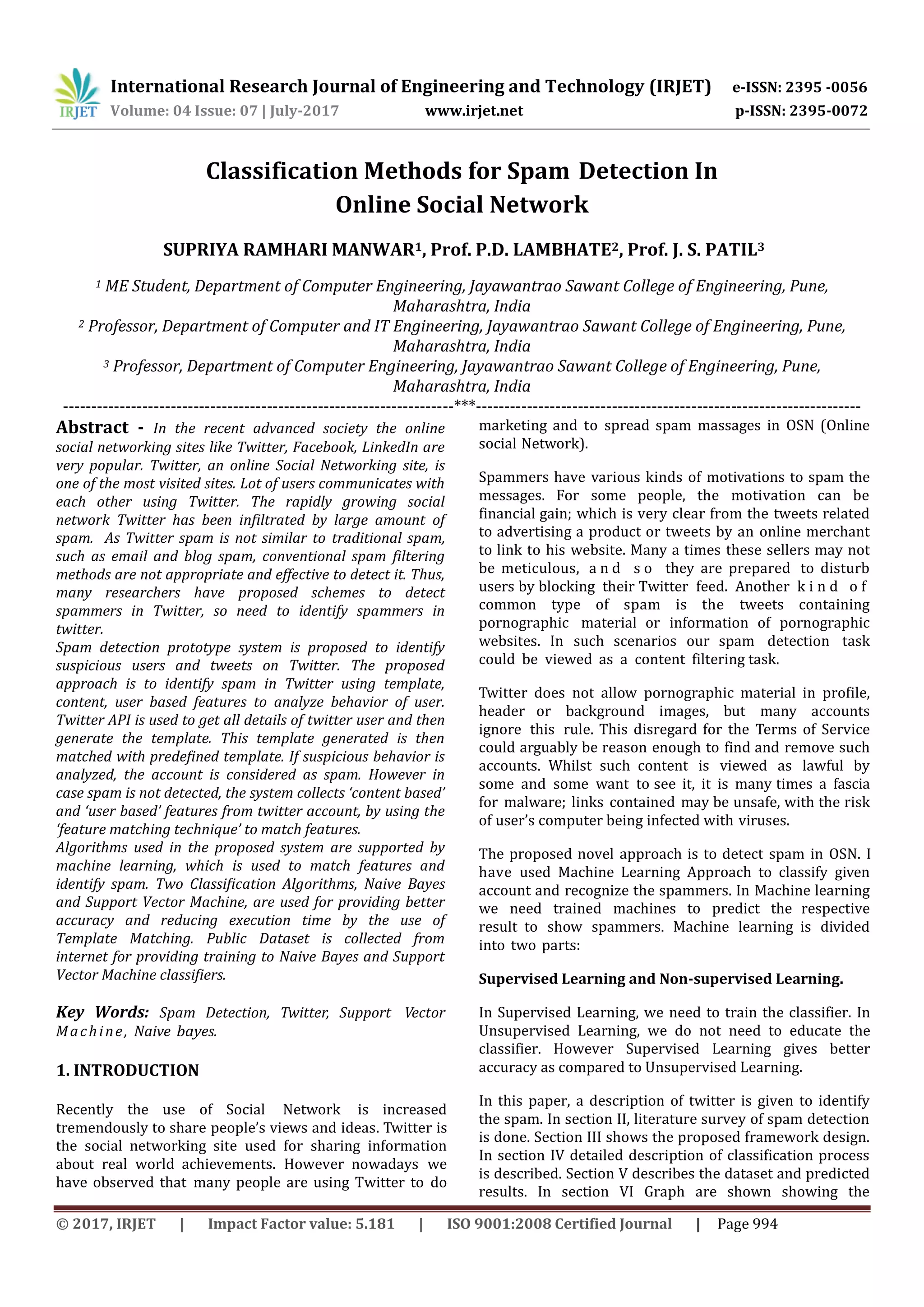 Classification Methods for Spam Detection in Online Social Network | PDF