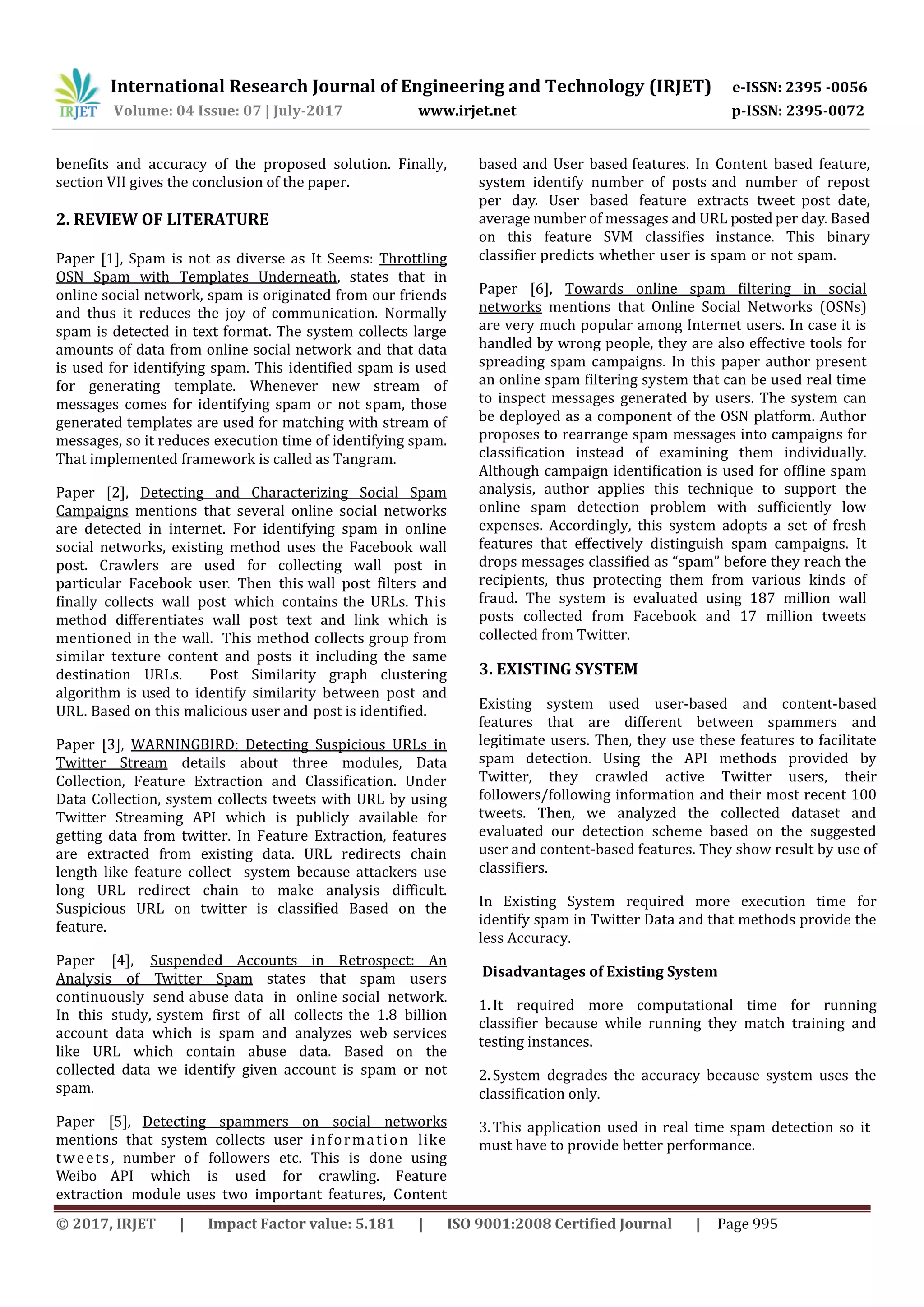 Classification Methods for Spam Detection in Online Social Network | PDF
