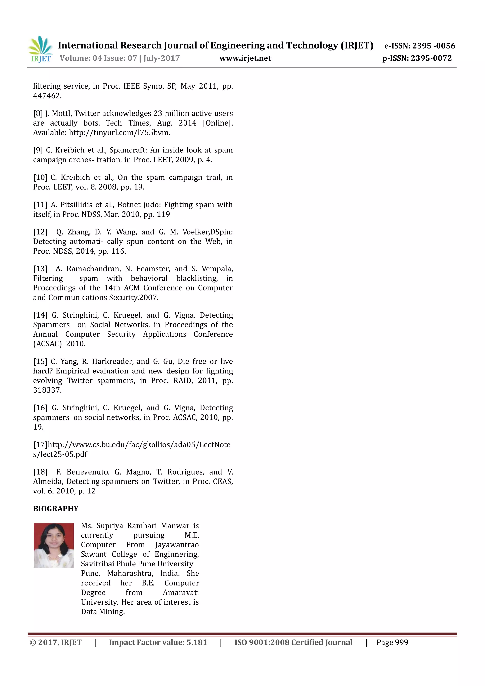 Classification Methods for Spam Detection in Online Social Network | PDF