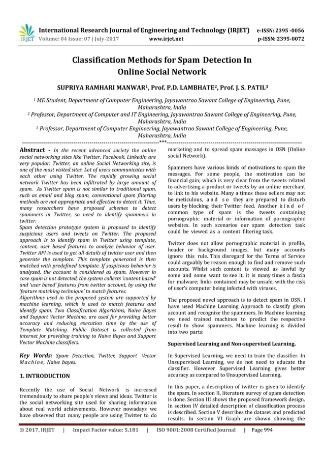 Classification Methods for Spam Detection in Online Social Network | PDF