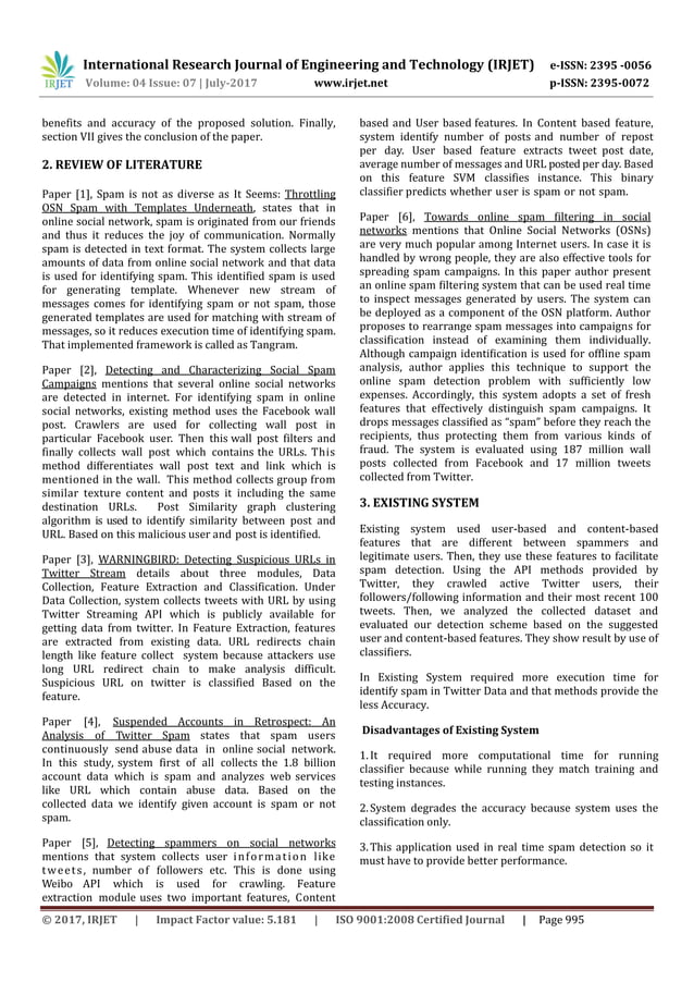 Classification Methods for Spam Detection in Online Social Network | PDF