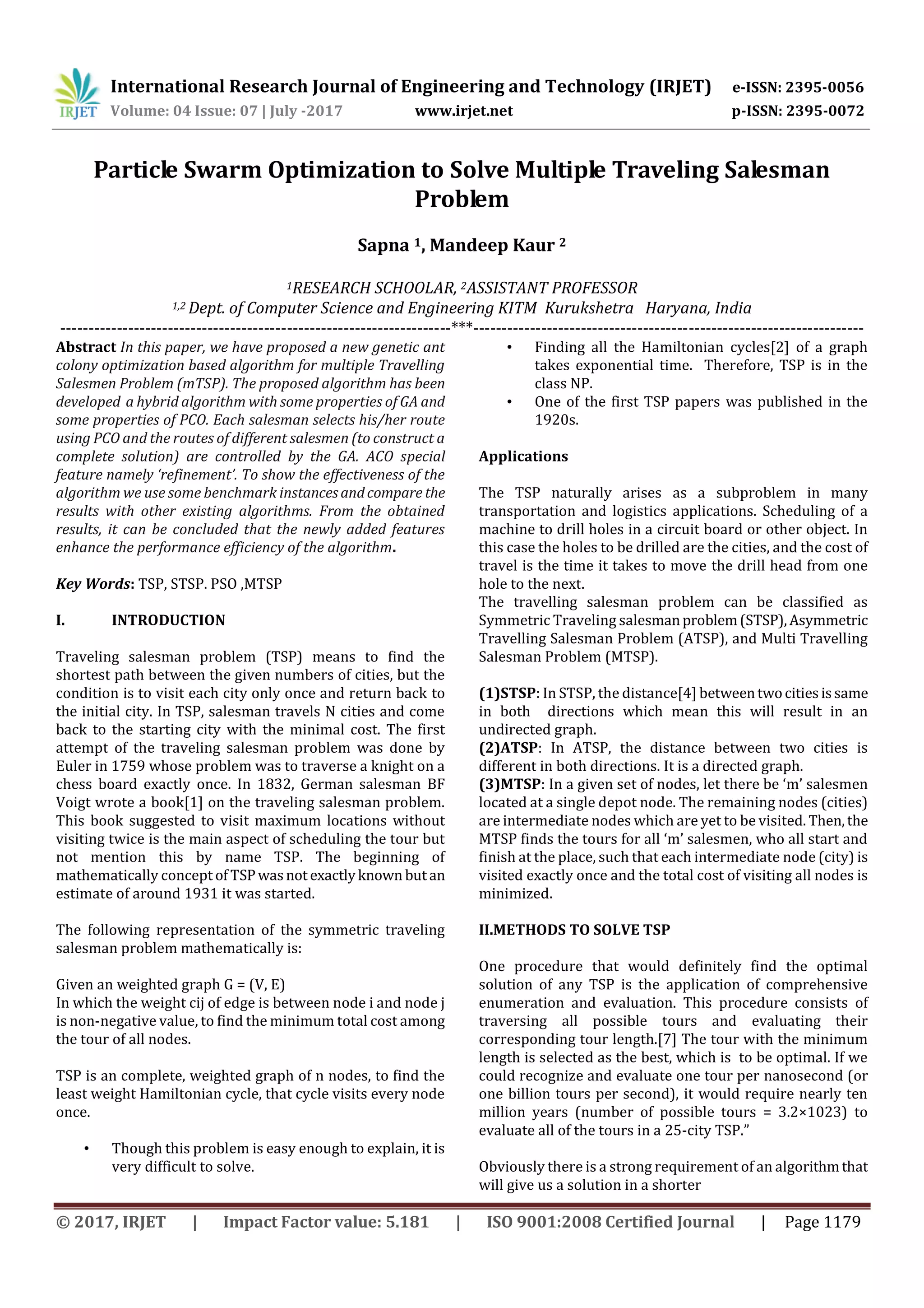 Particle Swarm Optimization To Solve Multiple Traveling Salesman Problem Pdf 7816
