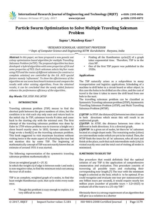 Particle Swarm Optimization to Solve Multiple Traveling Salesman Problem | PDF
